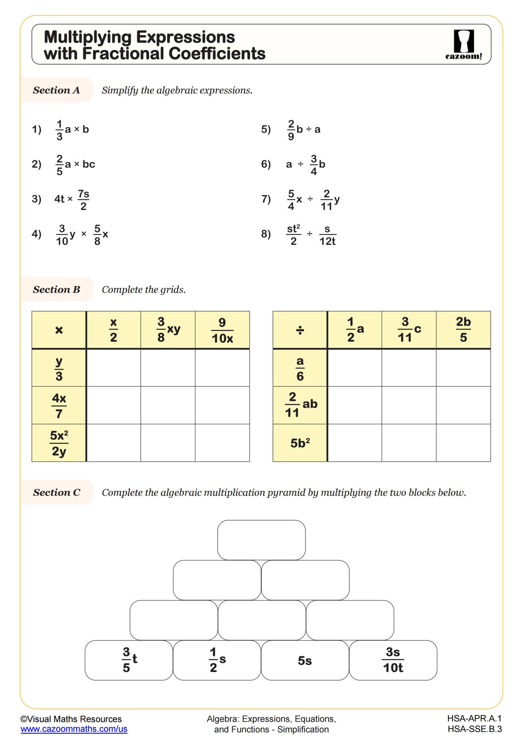 Multiplying Expressions with Fractional Coefficients Worksheet | Fun ...