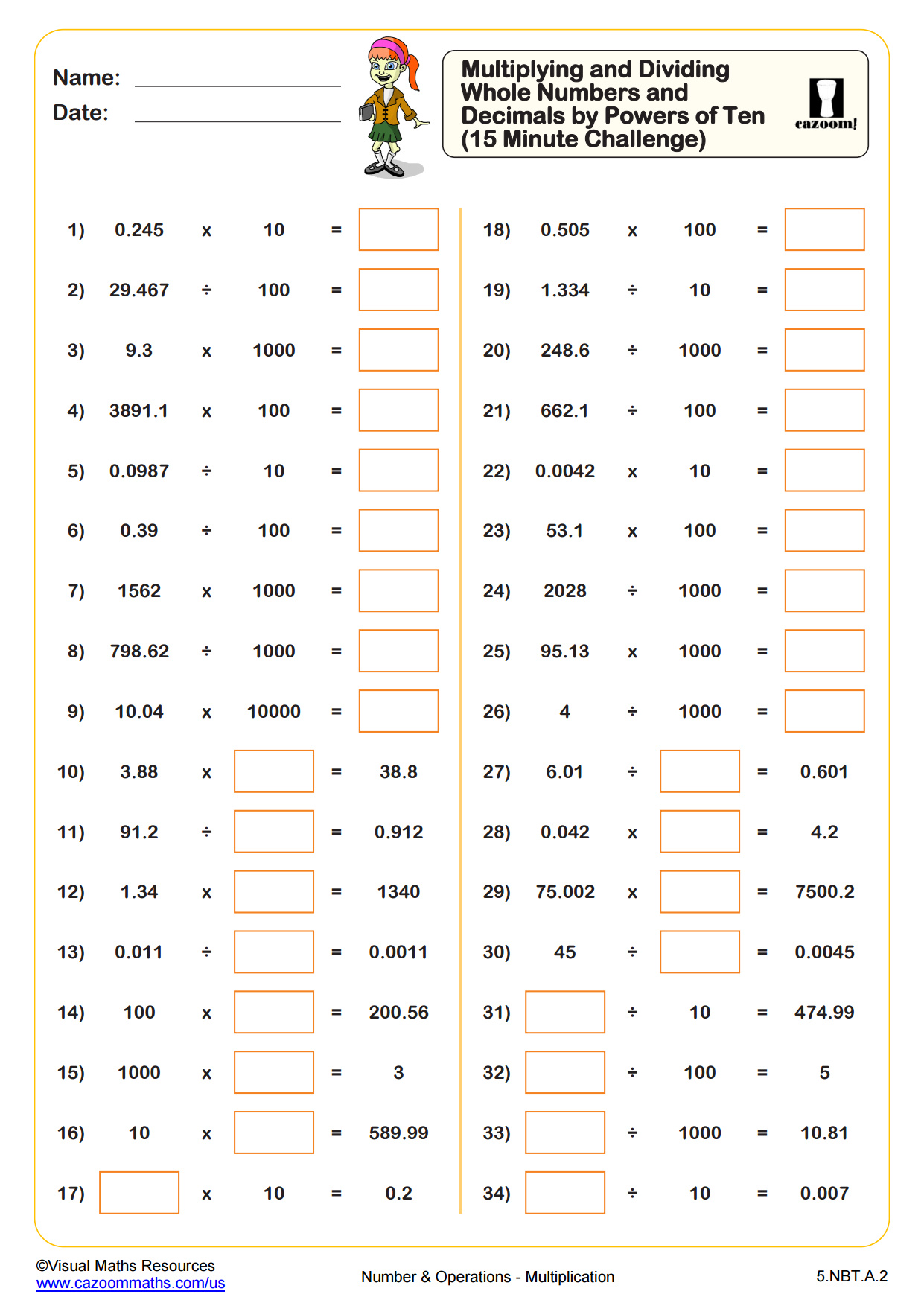 Multiplying and Dividing by 10, 100 and 1,000 Codebreaker Worksheet | Fun and Engaging 5th Grade ...
