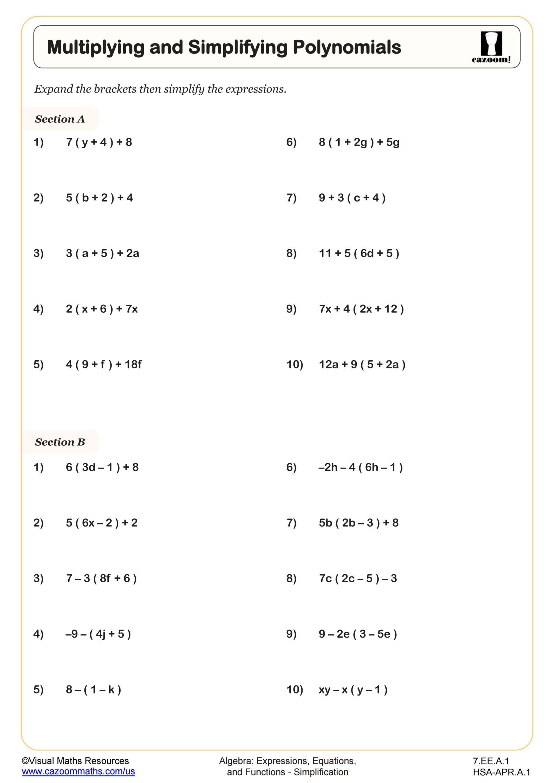 Multiplying and Simplifying Polynomials Worksheet | 7th Grade PDF ...