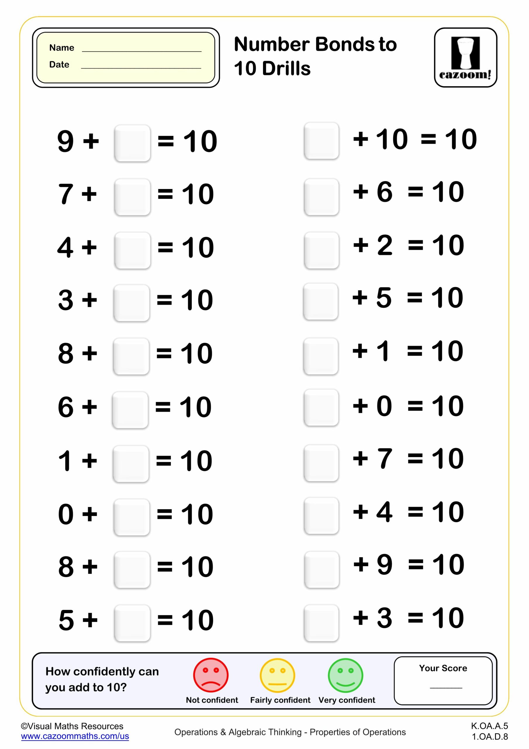 Number Bonds to 10 drills (20 questions) | PDF printable Addition ...