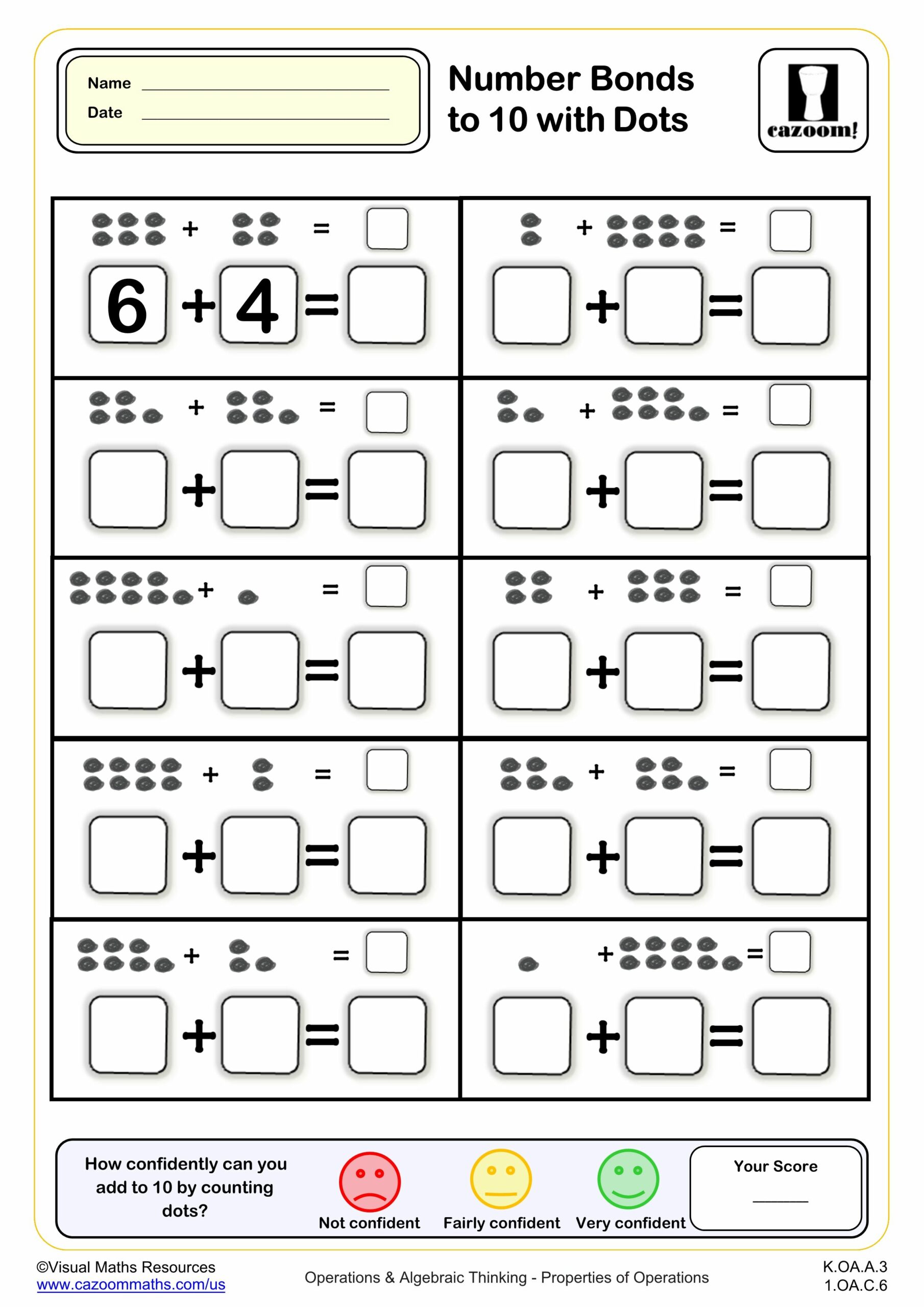 Matching Sums (to 10) | K Grade PDF Addition Worksheets | Cazoom Math