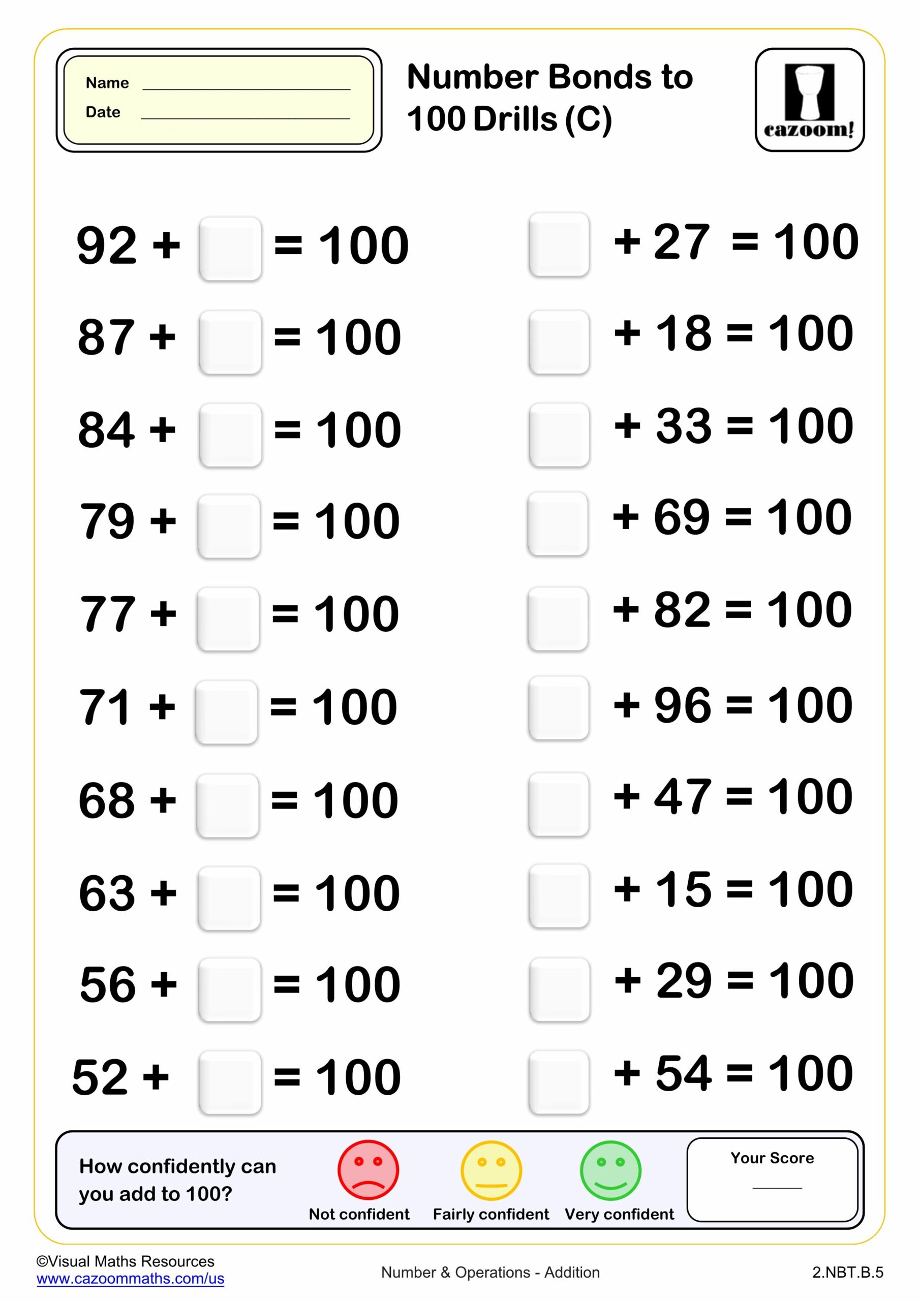 Number bond to 100 Drills (C) (20 questions) | 2nd Grade PDF Addition Worksheets | Cazoom Math