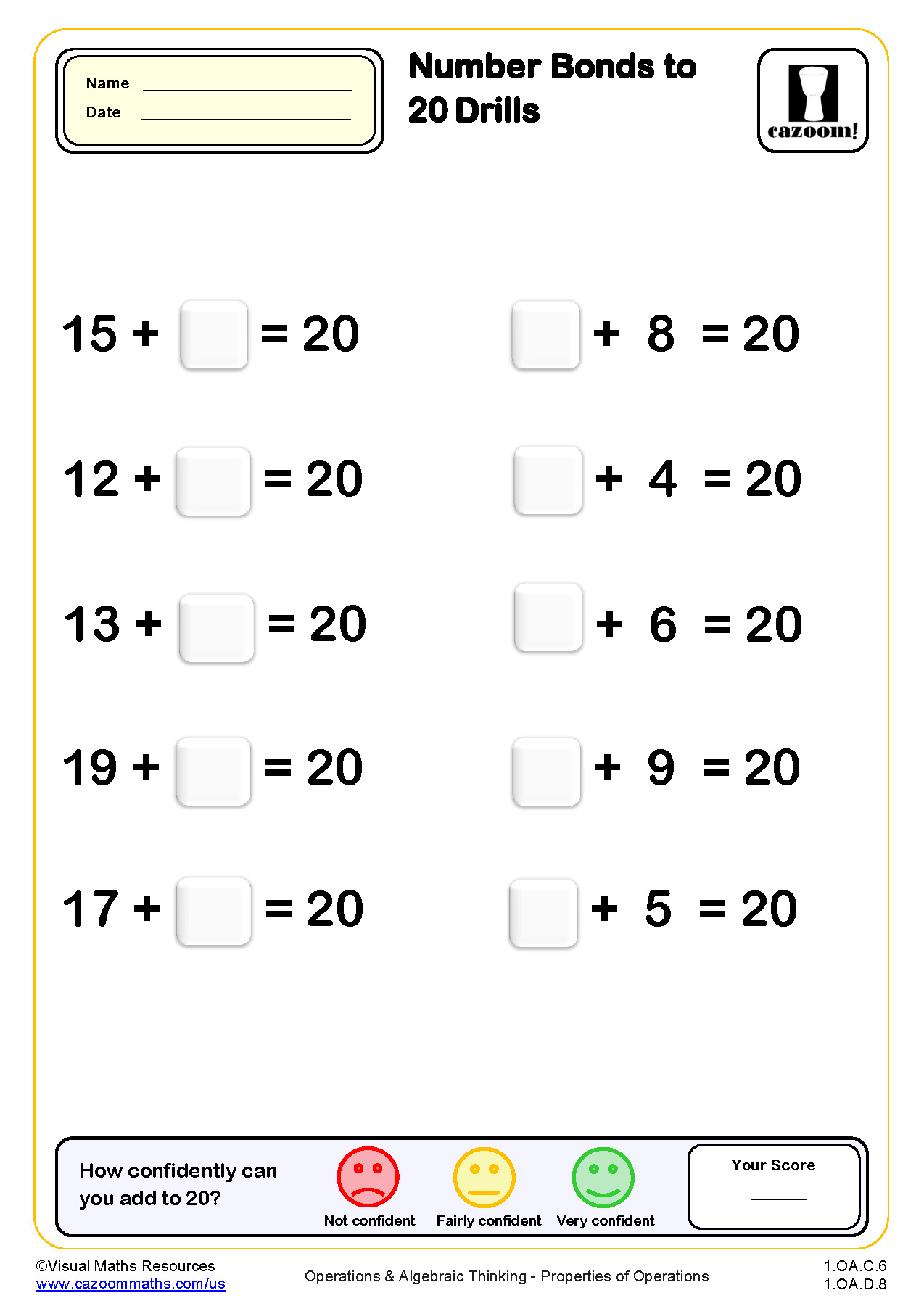 Number Bonds to 20 drills (10 questions) | 1st Grade PDF Addition ...