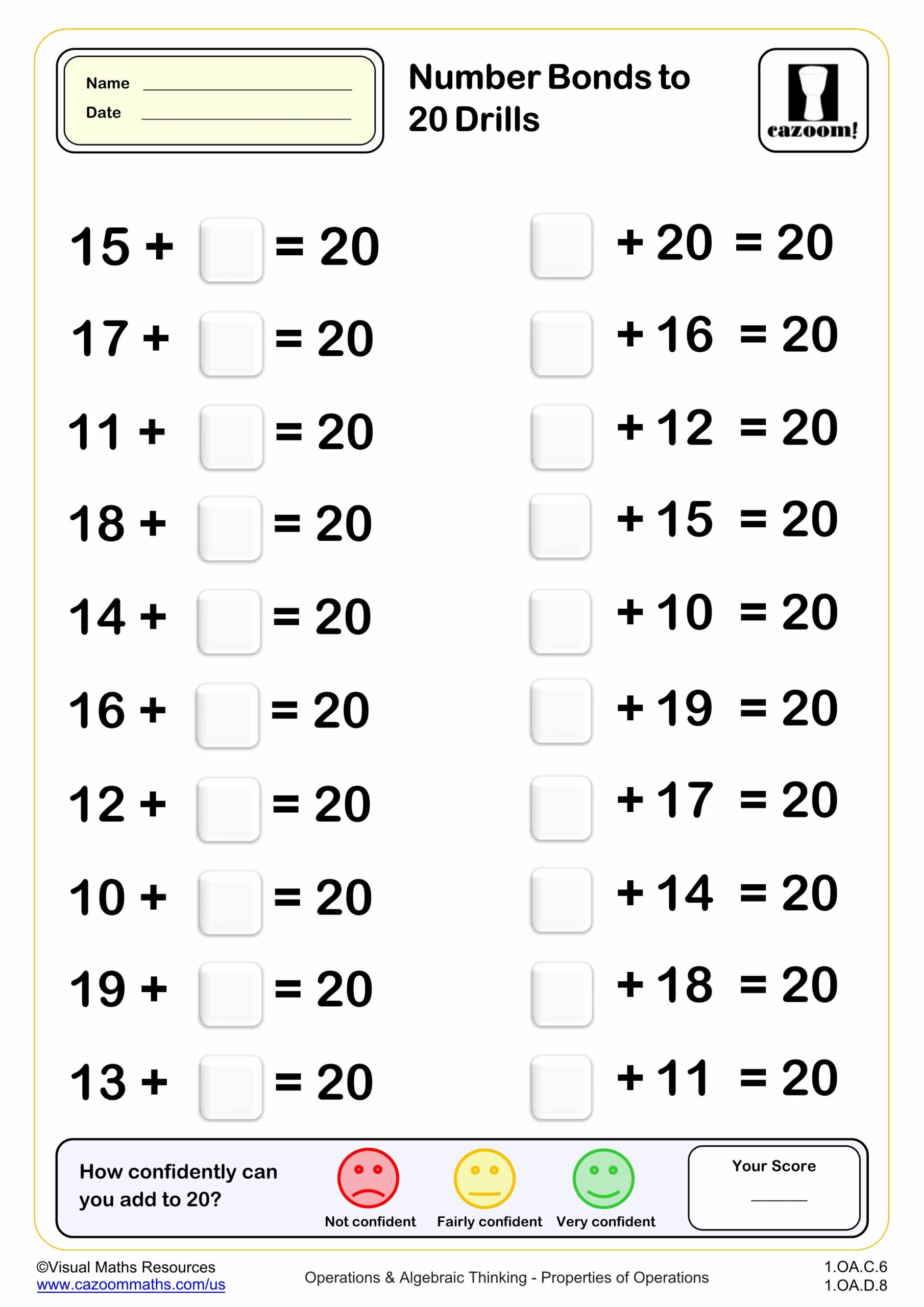 Number Bonds to 20 drills (20 questions) | PDF printable Addition ...