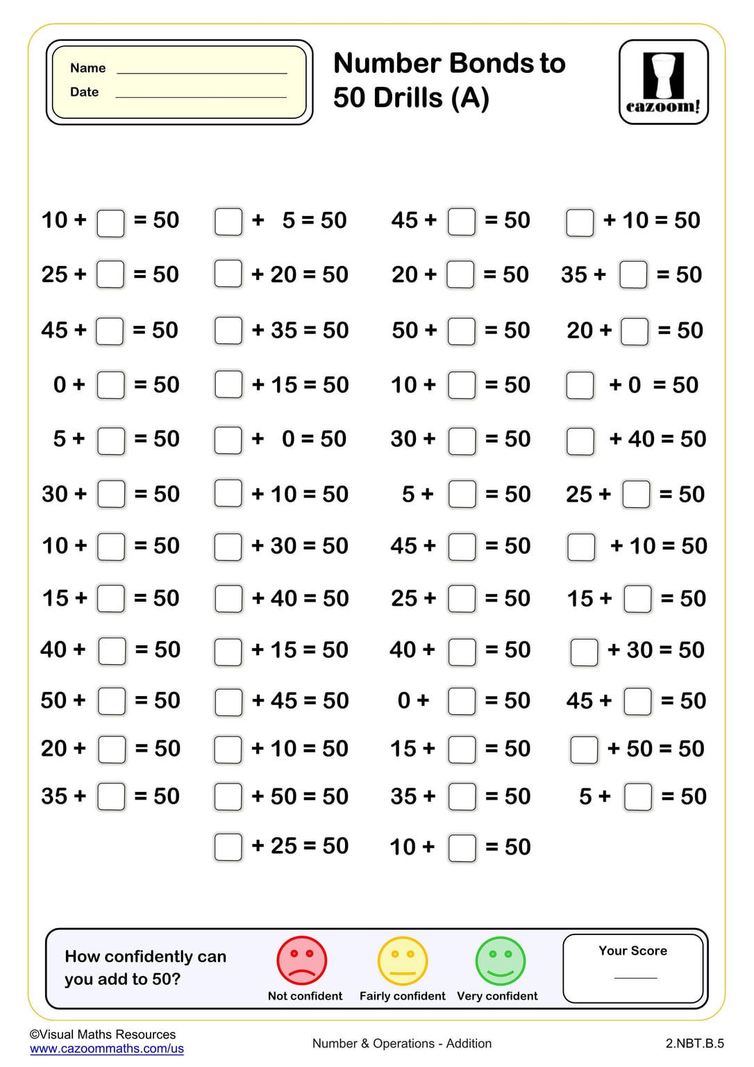 Number bond to 50 Drills (A) (50 questions) | PDF printable Addition ...