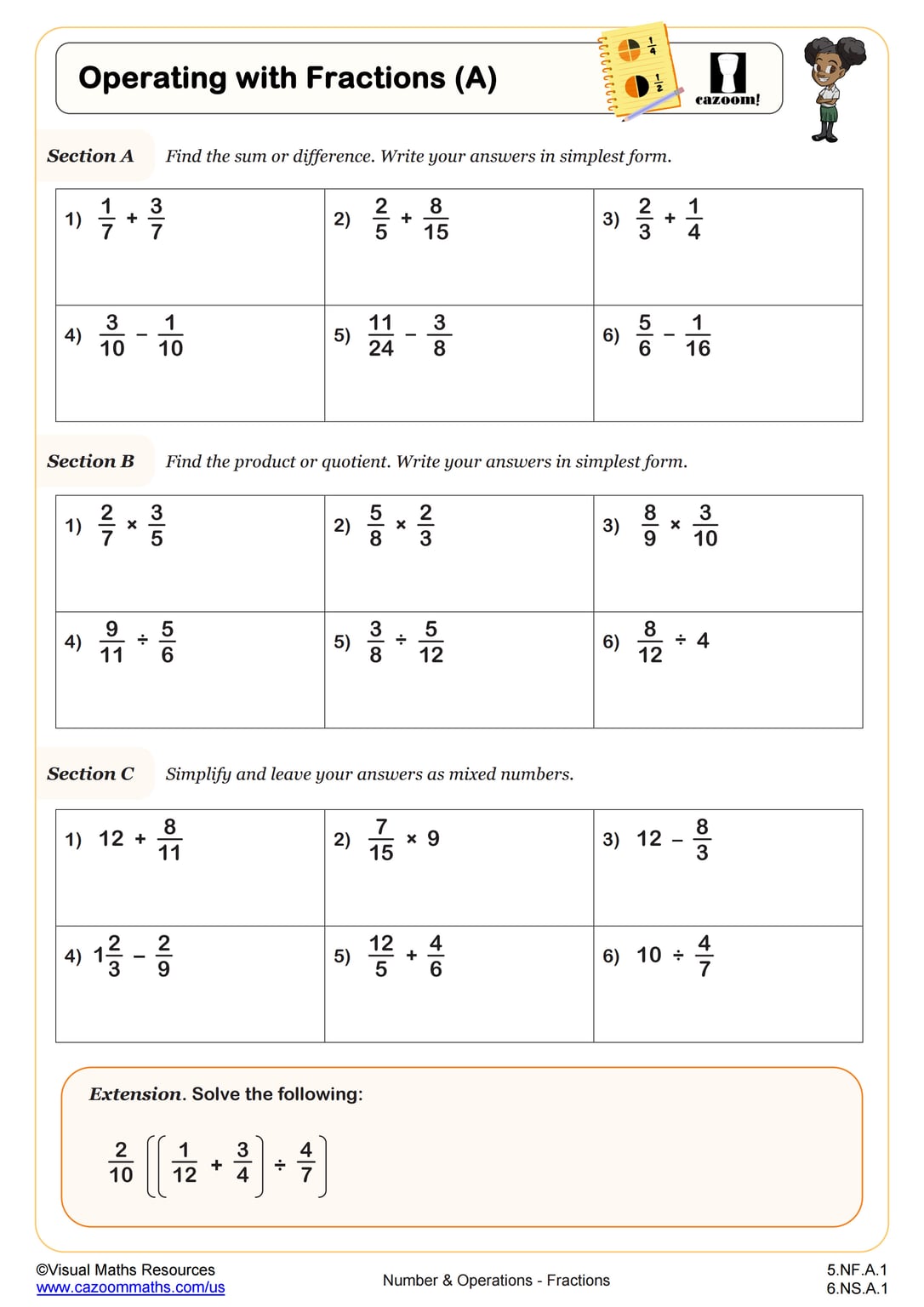 Operations with Fractions (A) Worksheet | 5th Grade PDF Worksheets