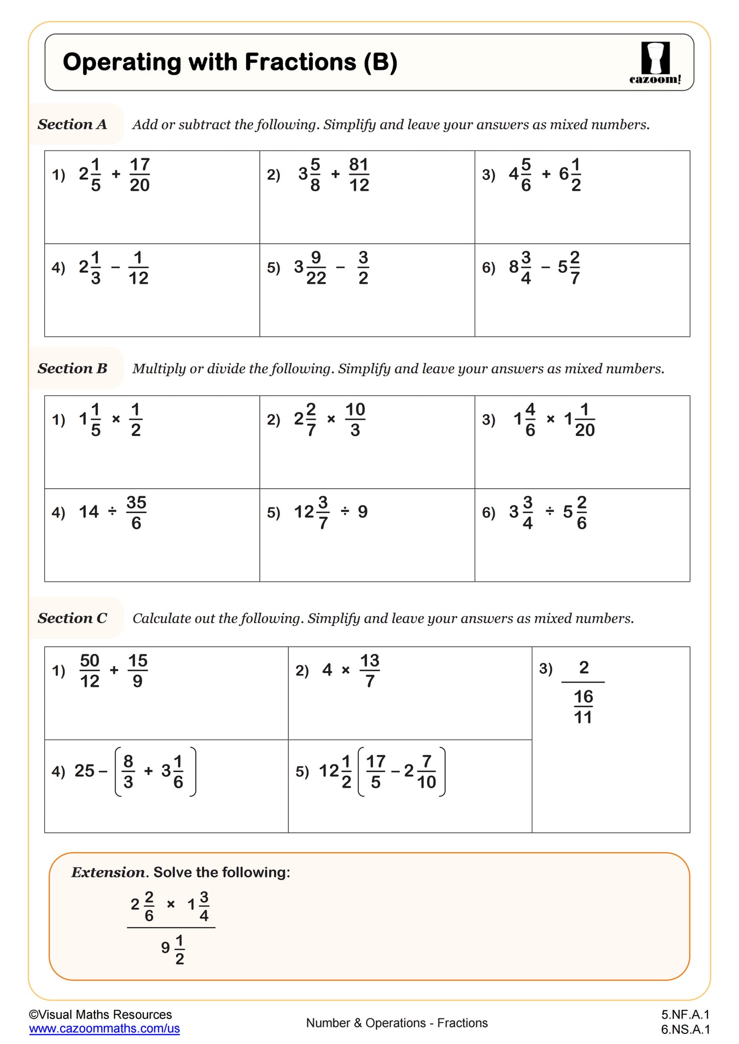 Operations with Fractions (A) Worksheet | 5th Grade PDF Worksheets