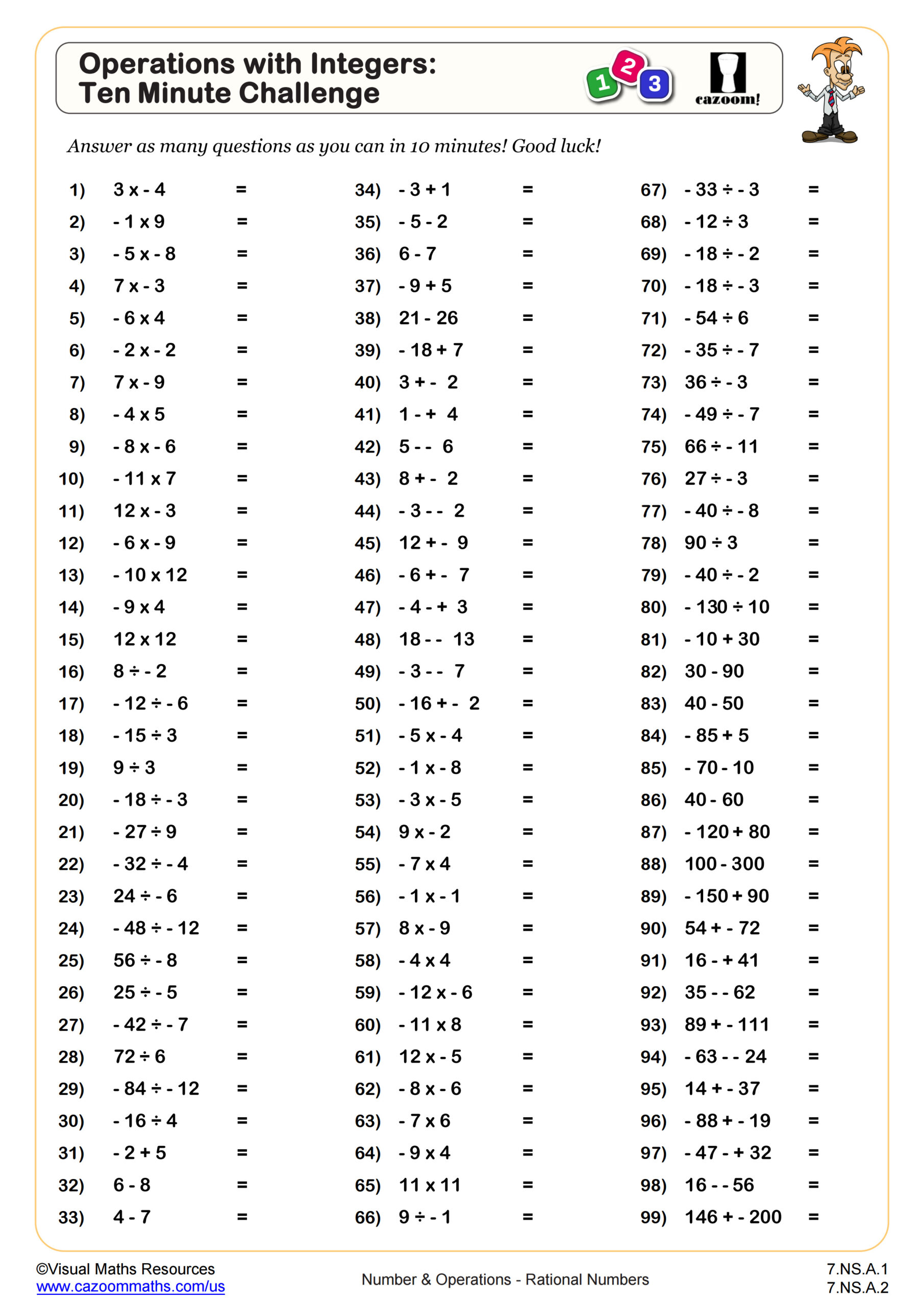 Operations with Integers Ten Minute Challenge Worksheet | PDF Printable ...
