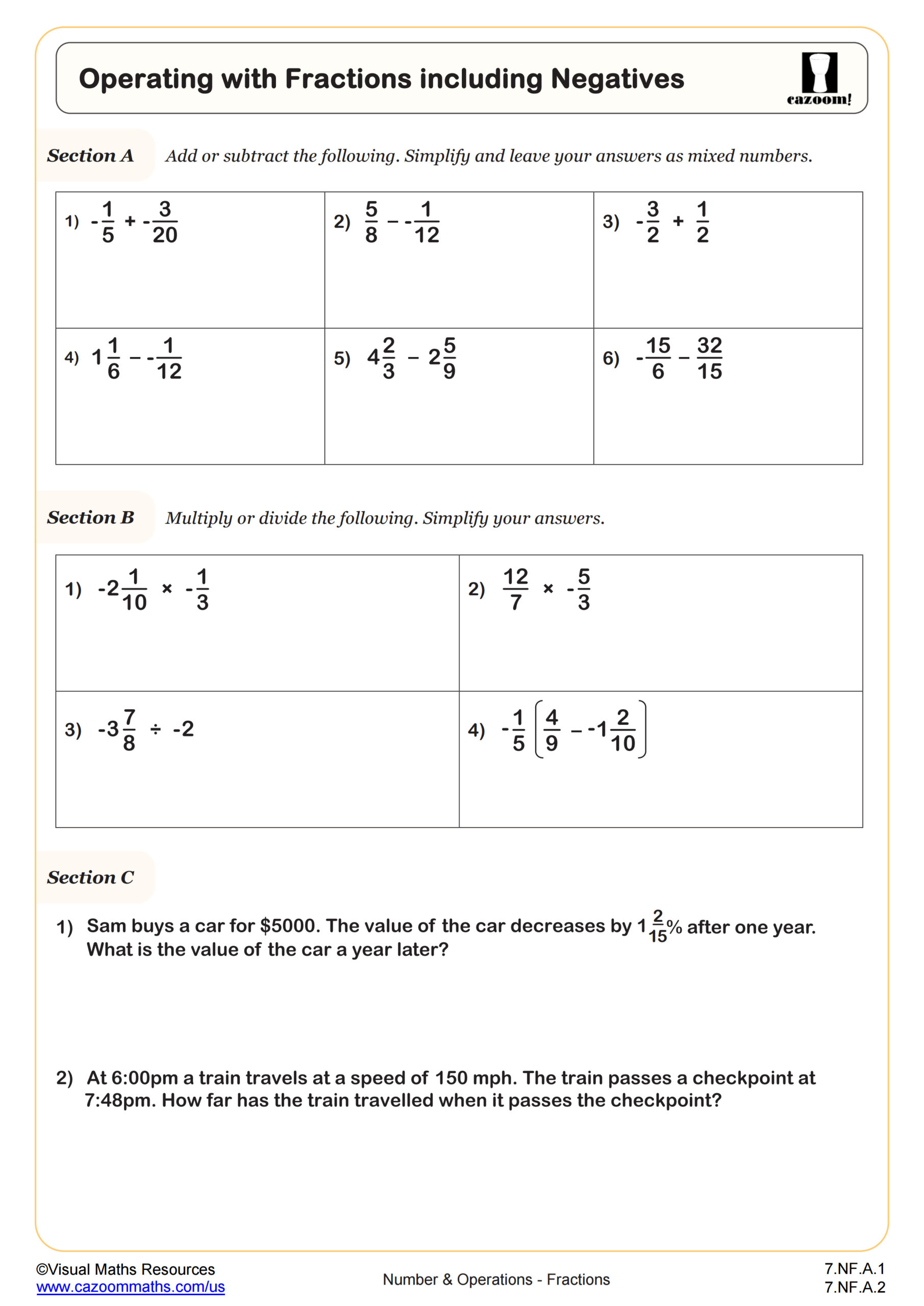 Operations with Positive and Negative Fractions Worksheet | Fun and ...