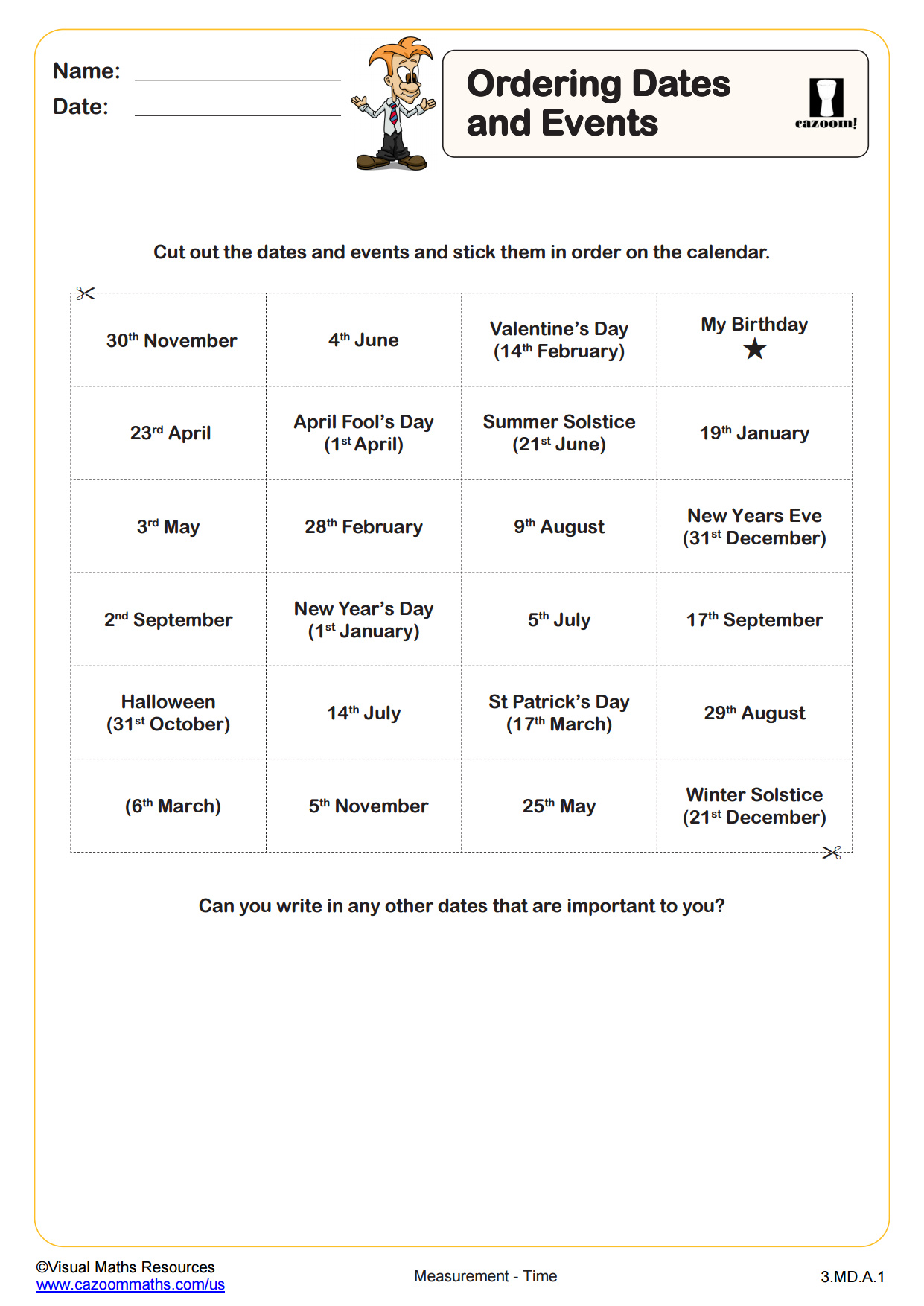 Ordering Dates and Events | PDF printable Measurement Worksheets