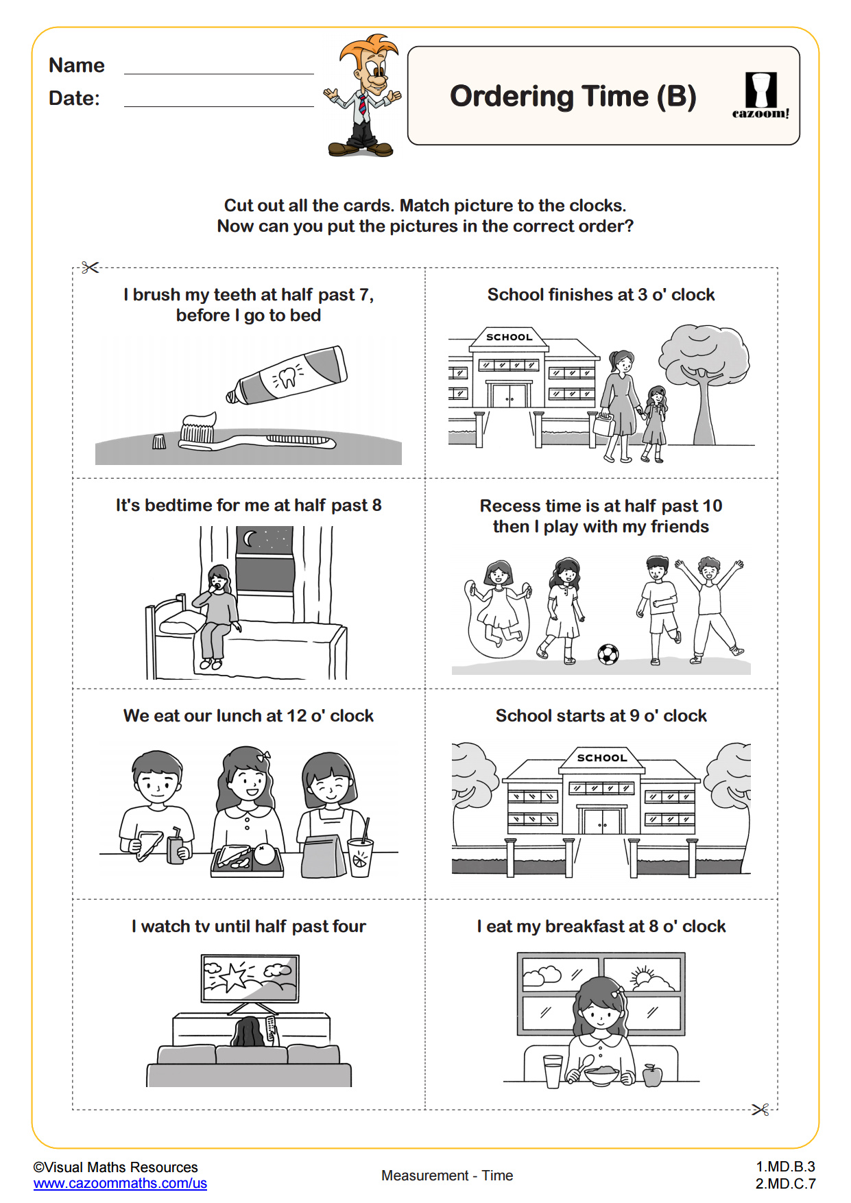 Ordering Time (B) | 1st Grade PDF Measurement Worksheets