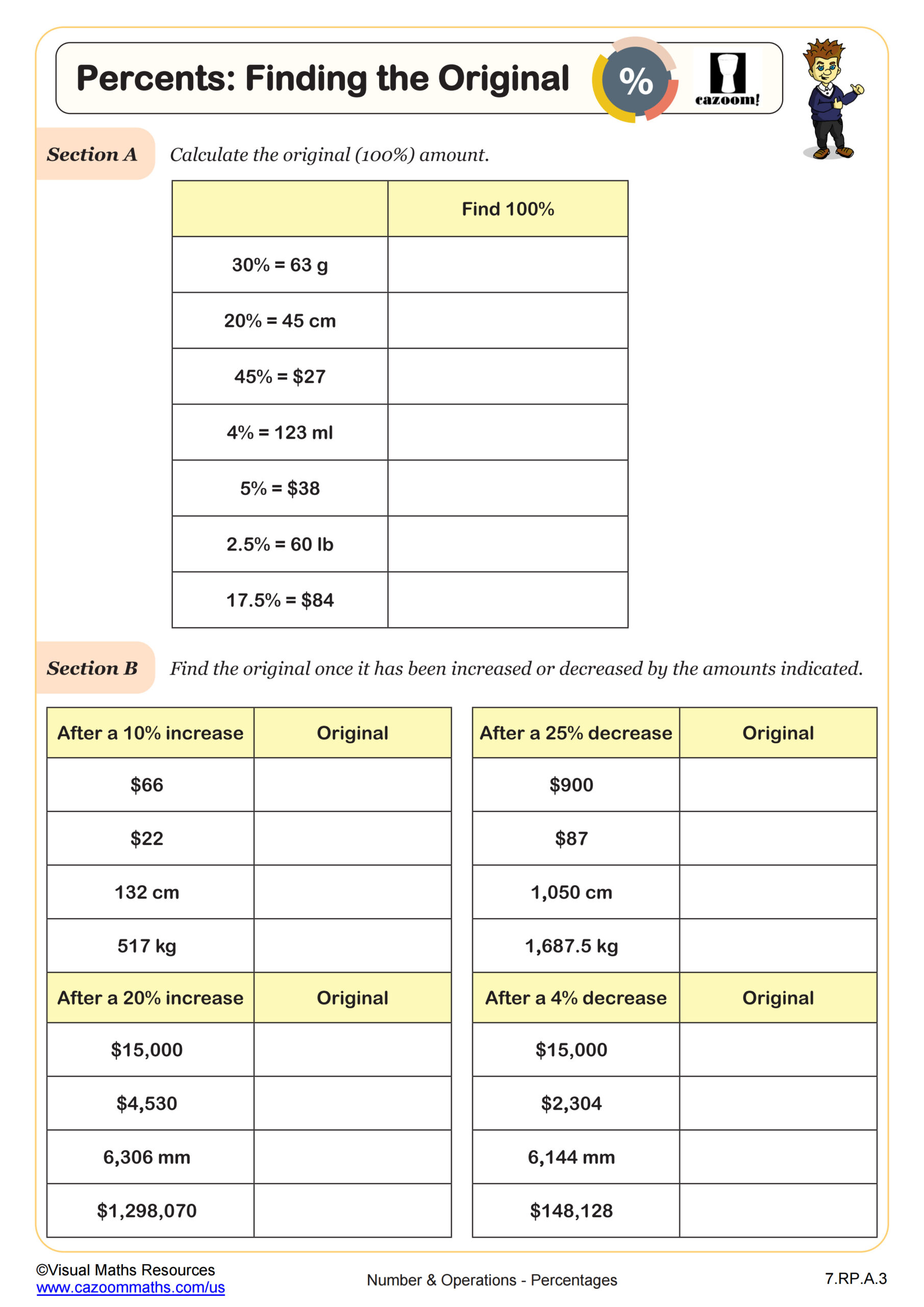 Percents: Finding the Original Worksheet | PDF Printable Number ...