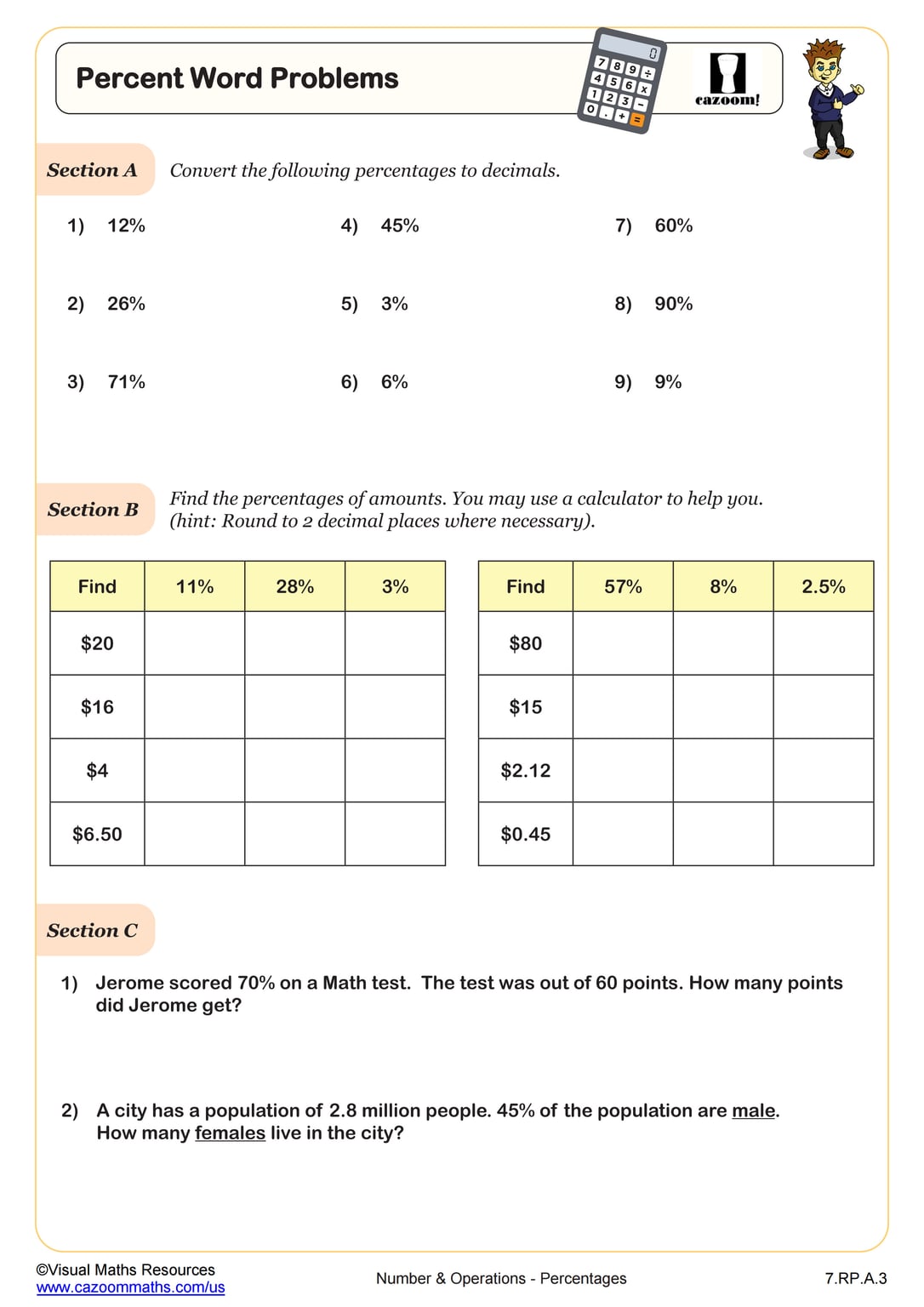 Percents of an Amount (E) Worksheet | Fun and Engaging 6th Grade PDF ...