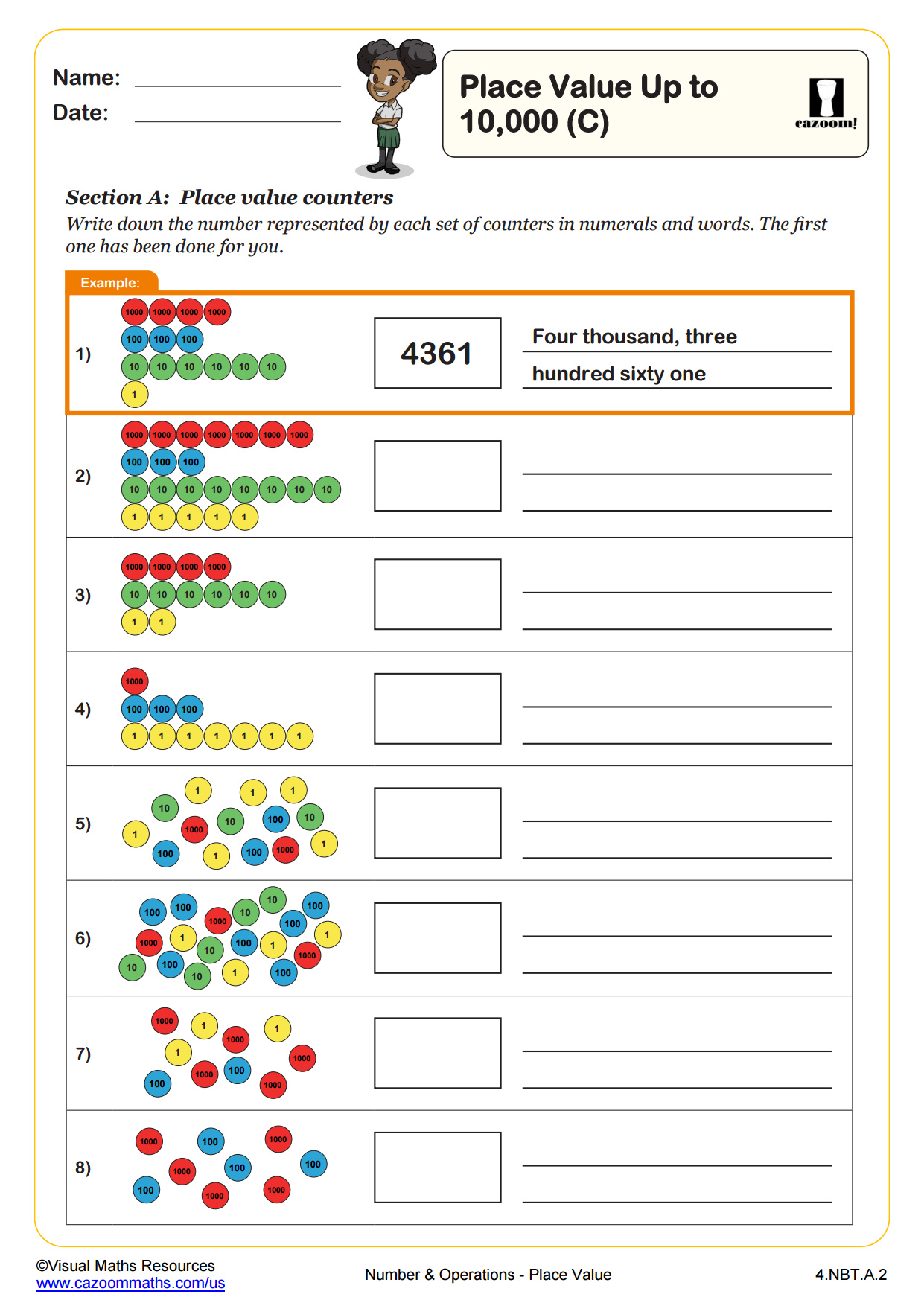 Place Value up to 10,000 (C) | PDF printable Number and Operations Worksheets | Cazoom Math