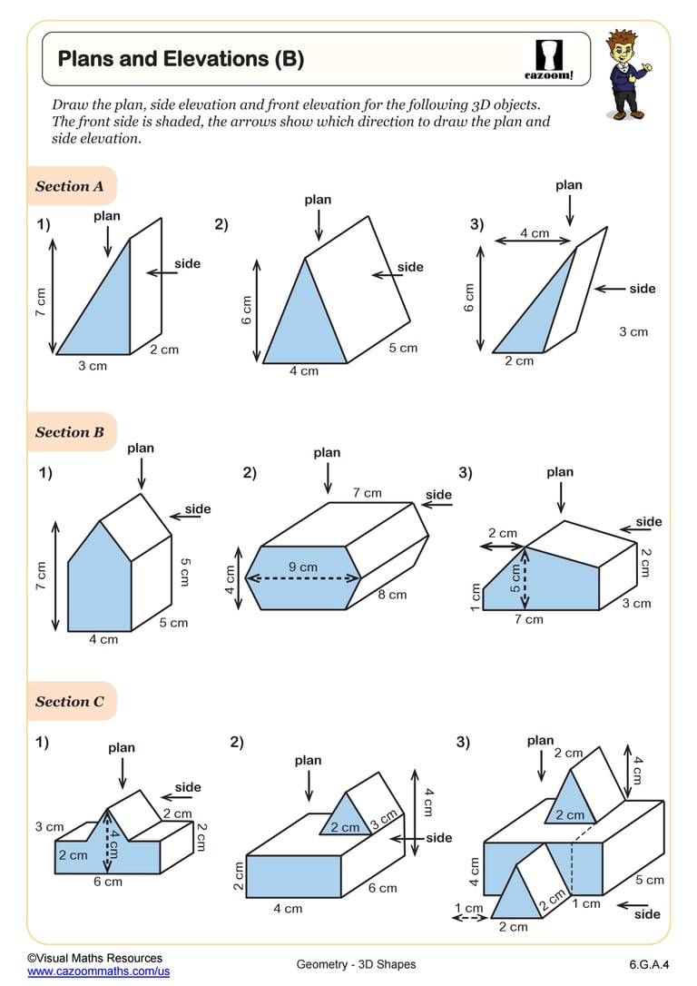 Plans and Elevations (B) Worksheet | PDF Printable Geometry Worksheet