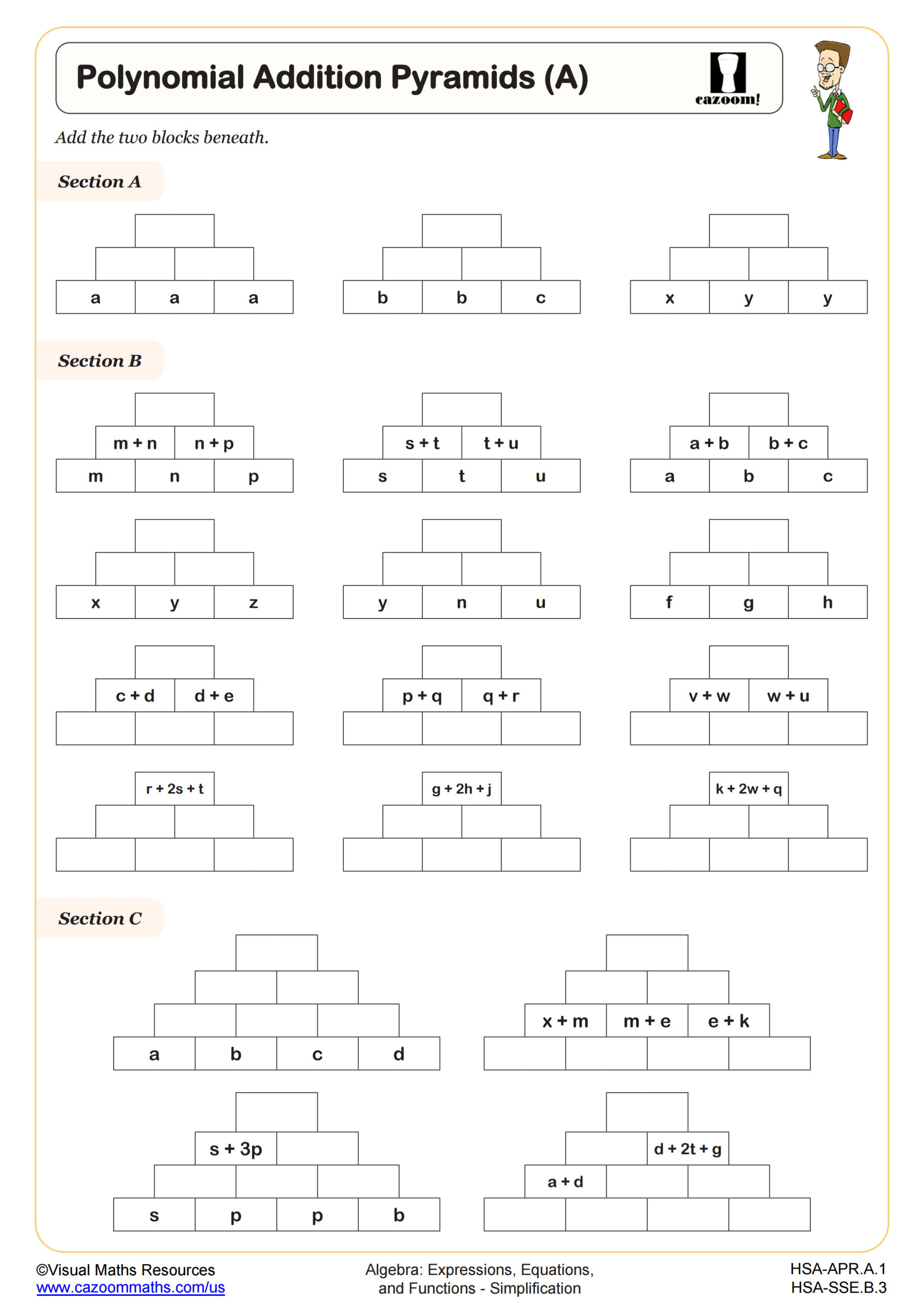 Polynomial Addition Pyramids (A) Worksheet | PDF Printable Algebra ...