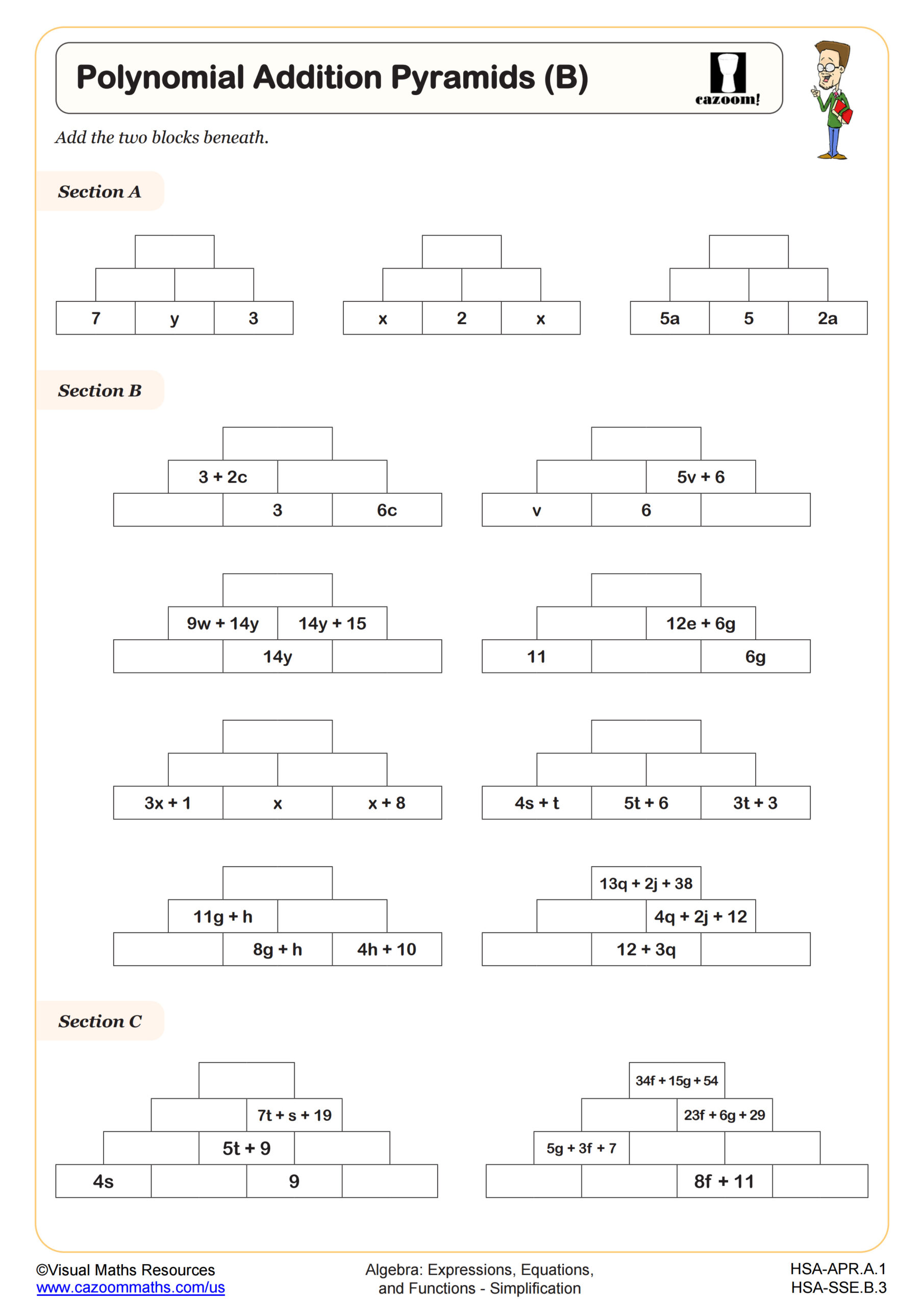 Polynomial Addition Pyramids (B) Worksheet | Fun and Engaging Algebra I ...