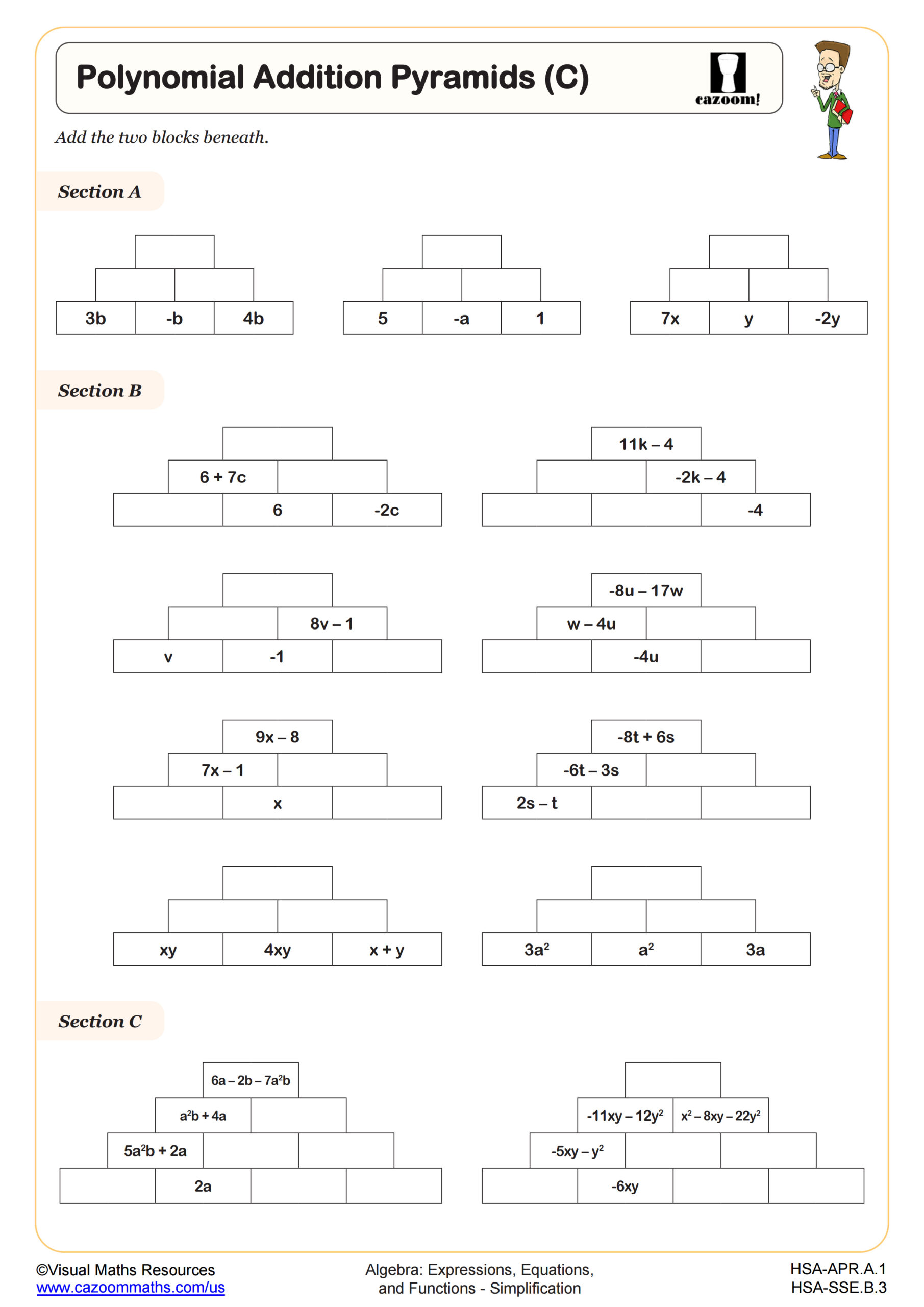 Polynomial Addition Pyramids (A) Worksheet | PDF Printable Algebra ...