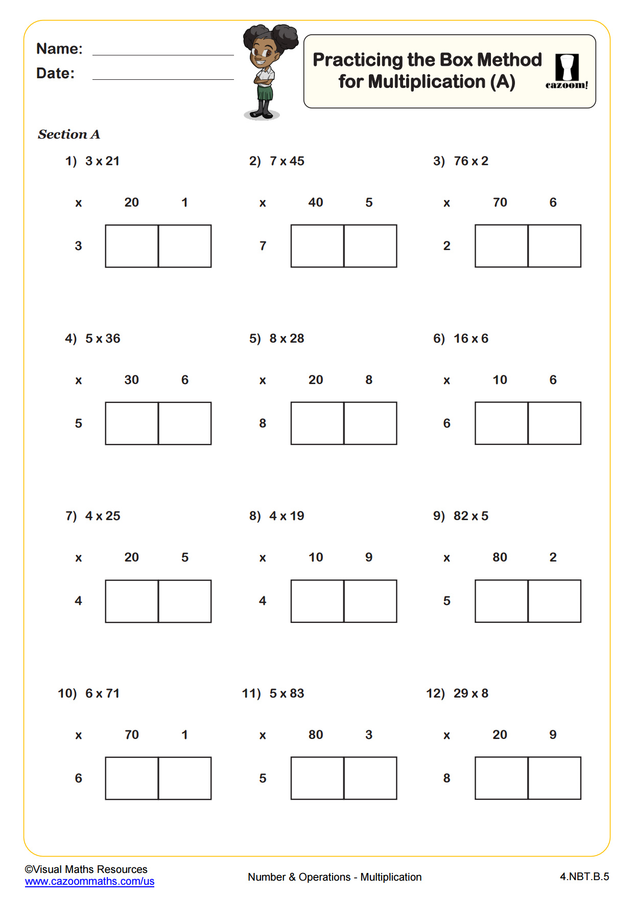 Practicing the Box Method for Multiplication (B) | PDF printable Number ...