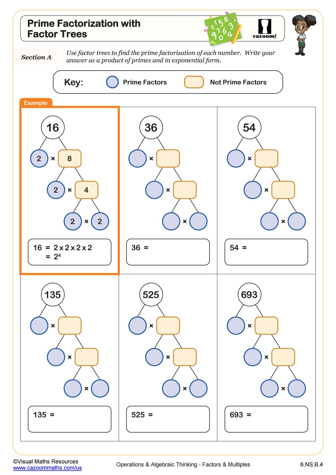 Prime Factorization for GCF and LCM (A) Worksheet | PDF Printable ...