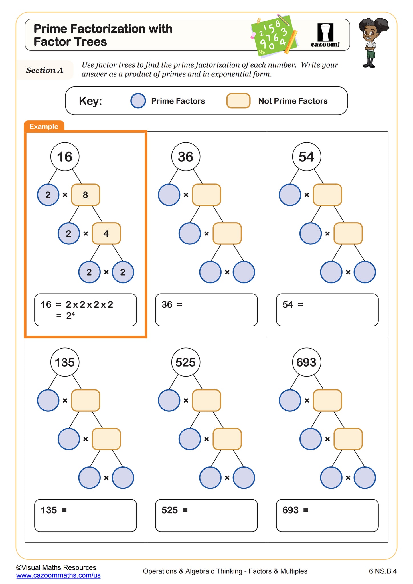 Prime Factorization for GCF and LCM (A) Worksheet | PDF Printable ...