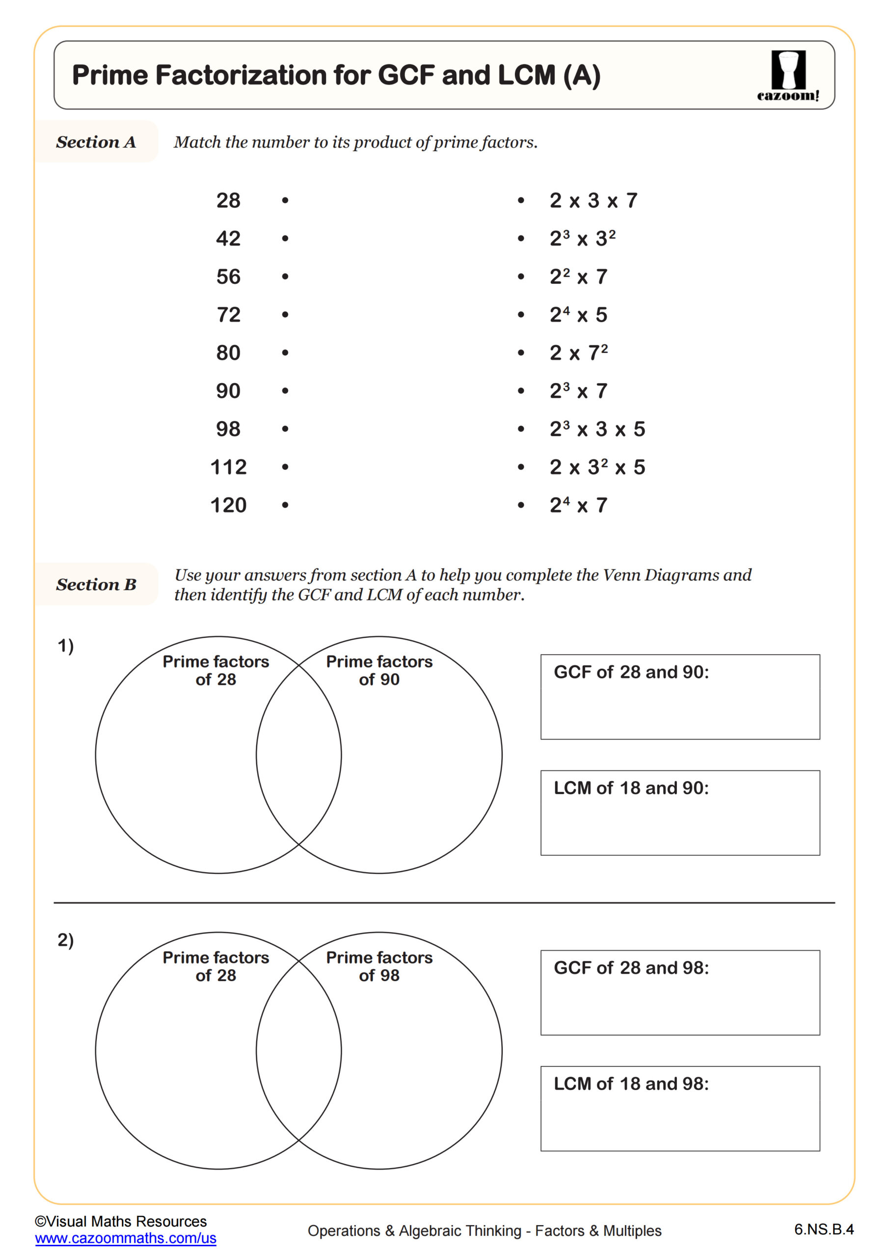 Prime Factorization for GCF and LCM (A) Worksheet | PDF Printable ...