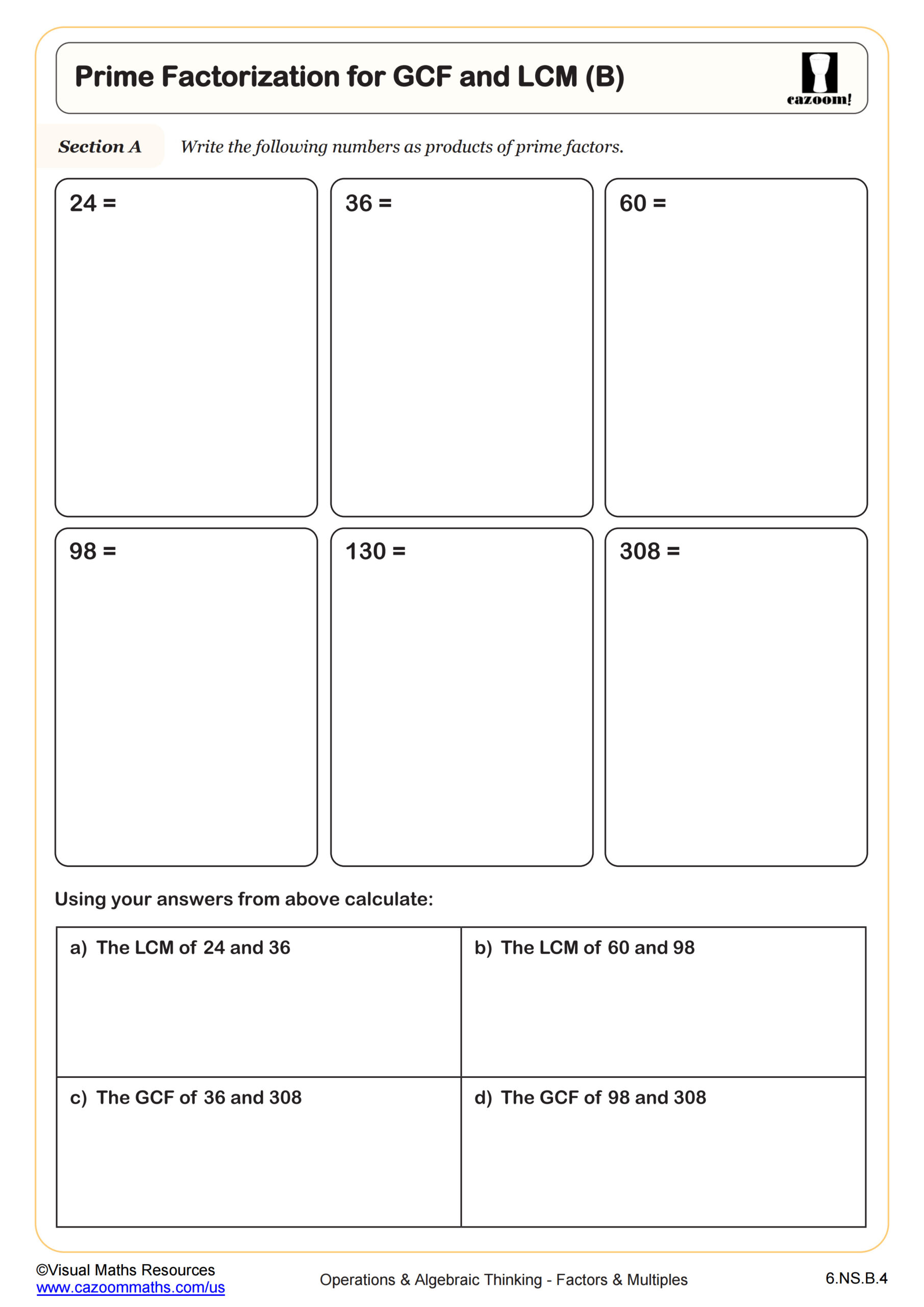 Prime Factorization for GCF and LCM (B) Worksheet | Fun and Engaging ...
