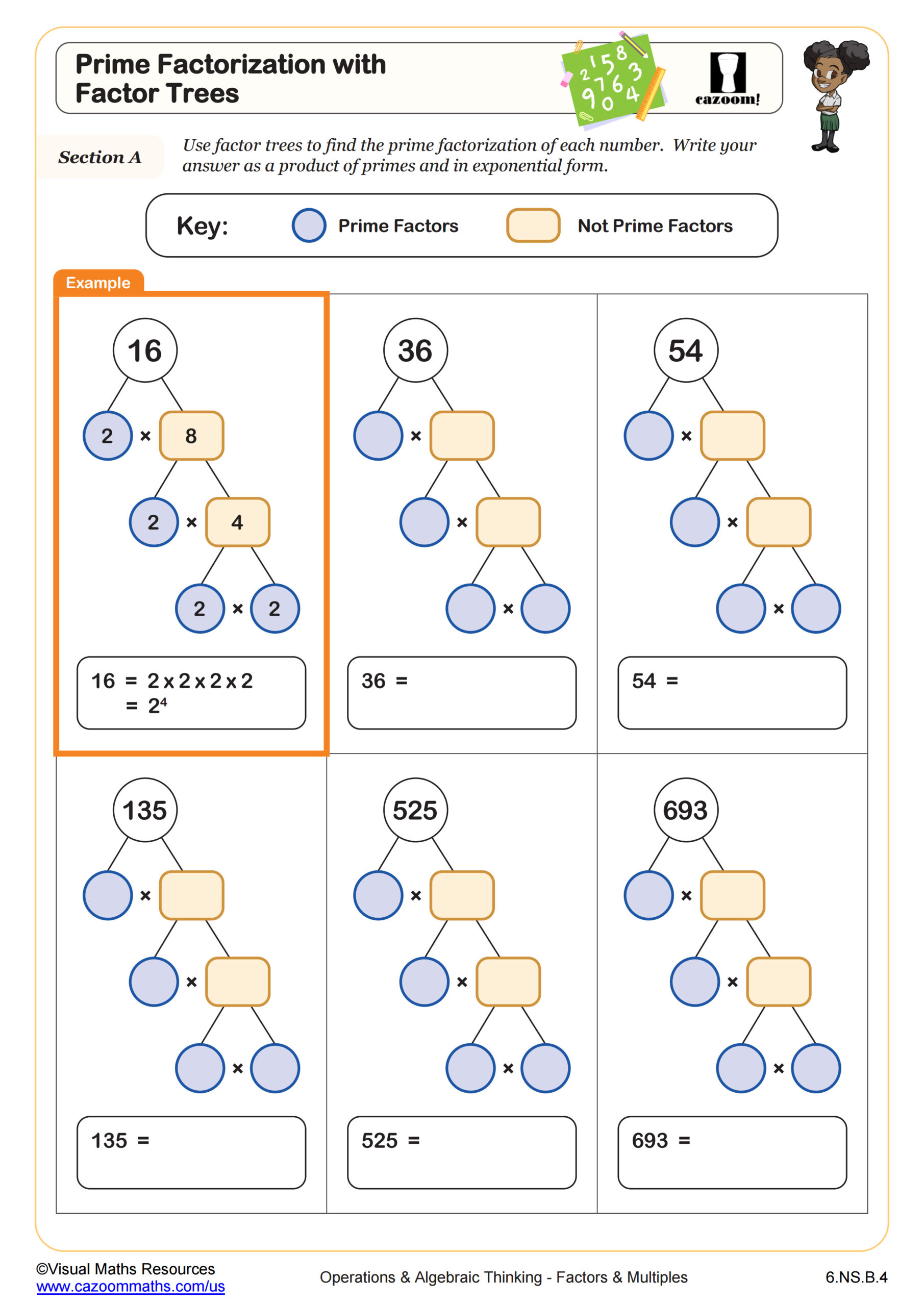 Prime Factorization for GCF and LCM (A) Worksheet | PDF Printable ...