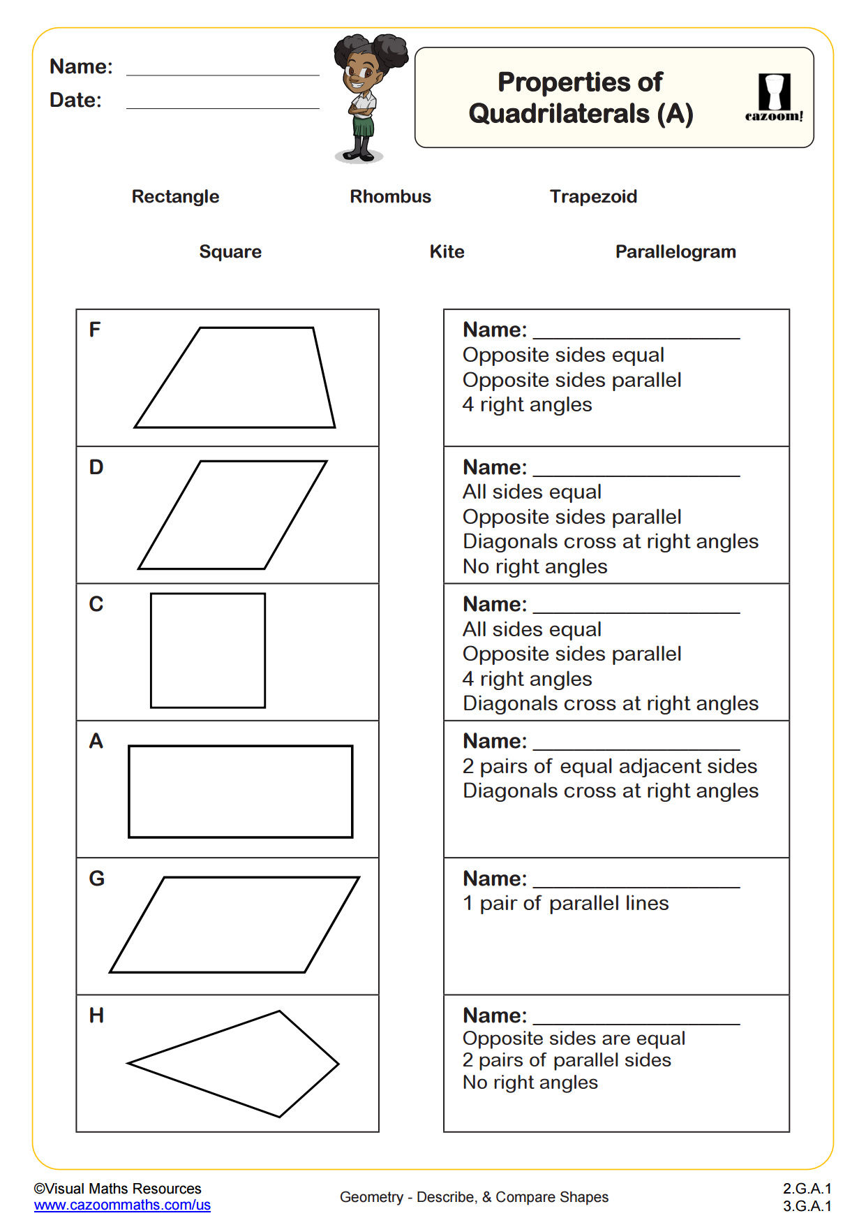 Properties of Quadrilaterals (A) | Fun and Engaging 2nd Grade PDF ...