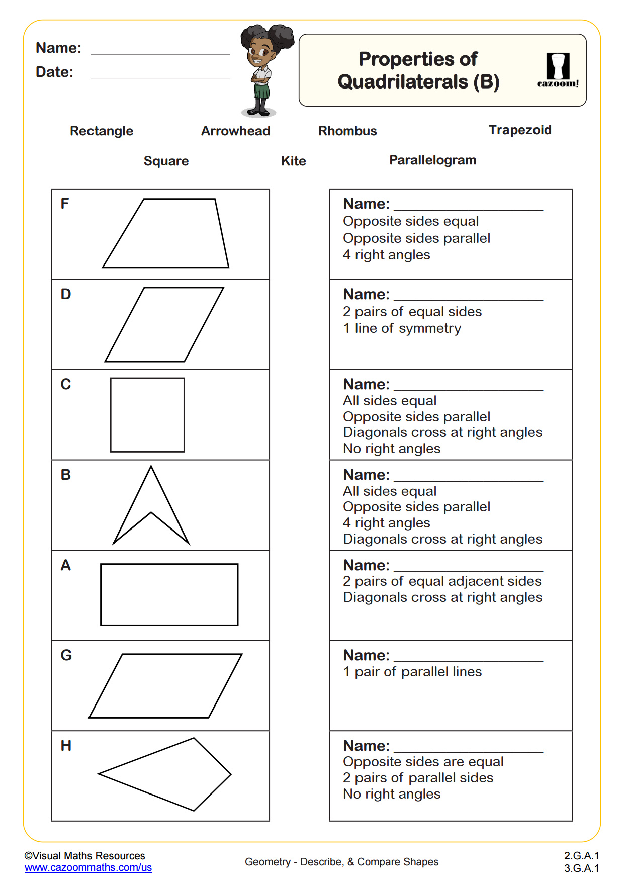 Properties of Quadrilaterals (B) | 2nd Grade PDF Geometry Worksheets