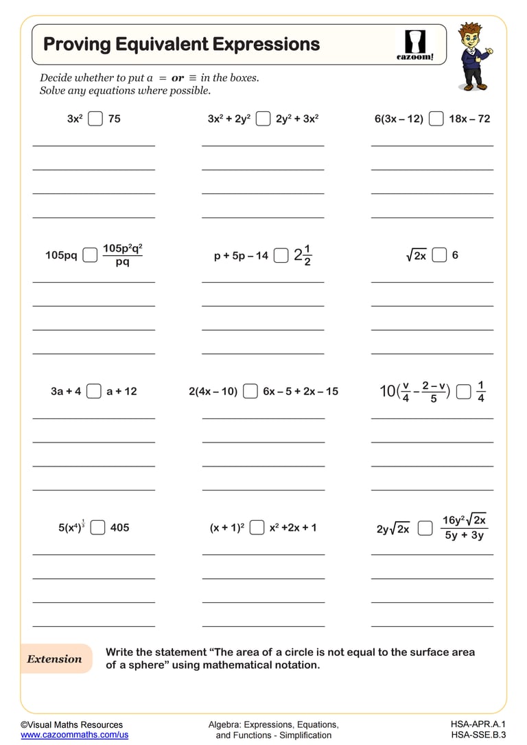 Proving Equivalent Expressions Worksheet | PDF Printable Algebra Worksheet
