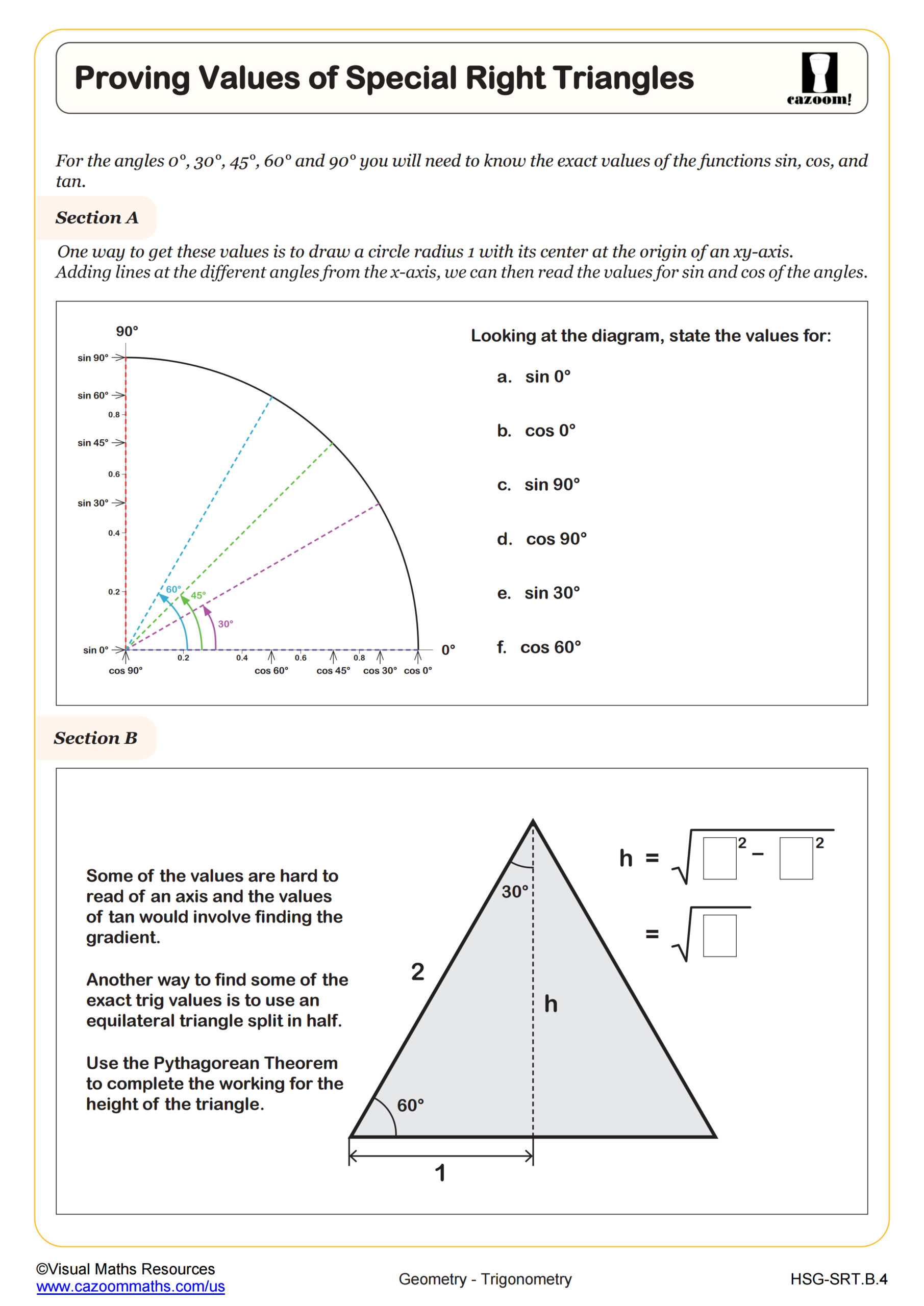 Proving Values of Special Right Triangles Worksheet | Algebra II PDF ...