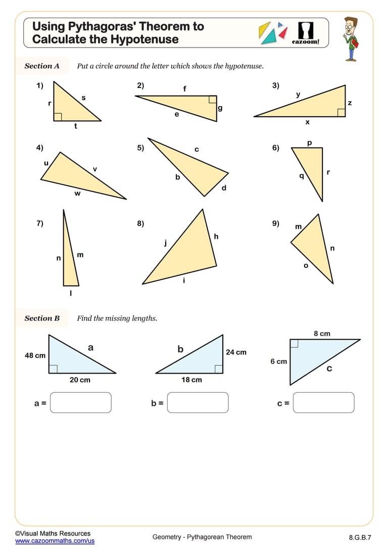 Pythagorean Theorem: Calculating Missing Side Lengths Worksheet | Fun ...