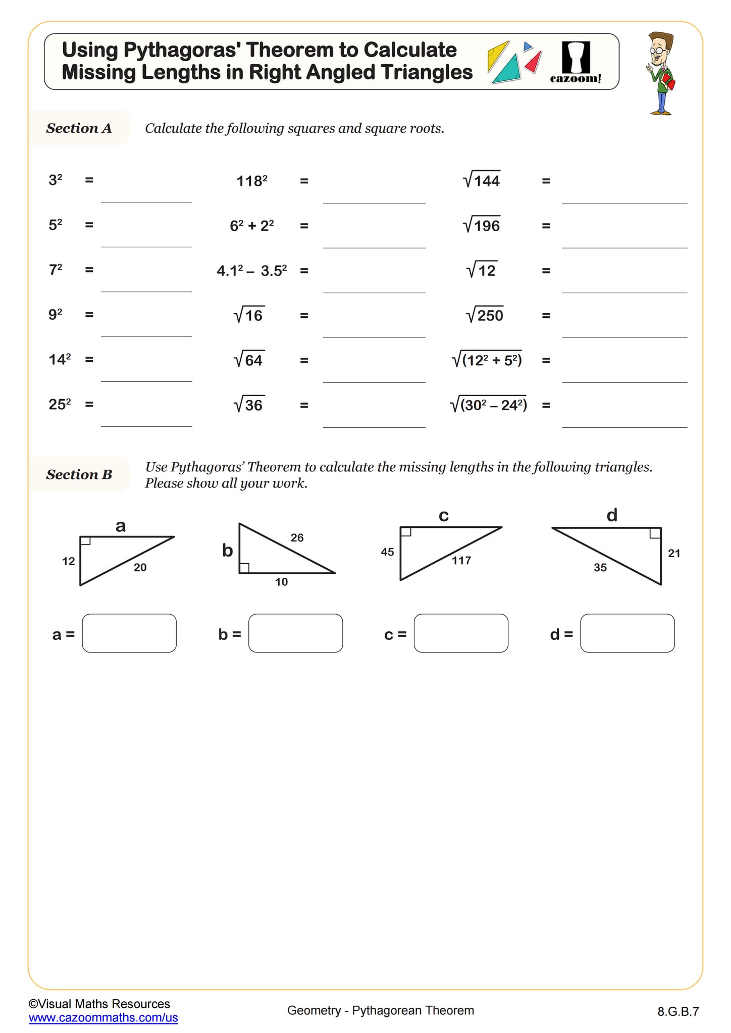 Pythagorean Theorem Word Problems (with clues) Worksheet | 8th Grade ...