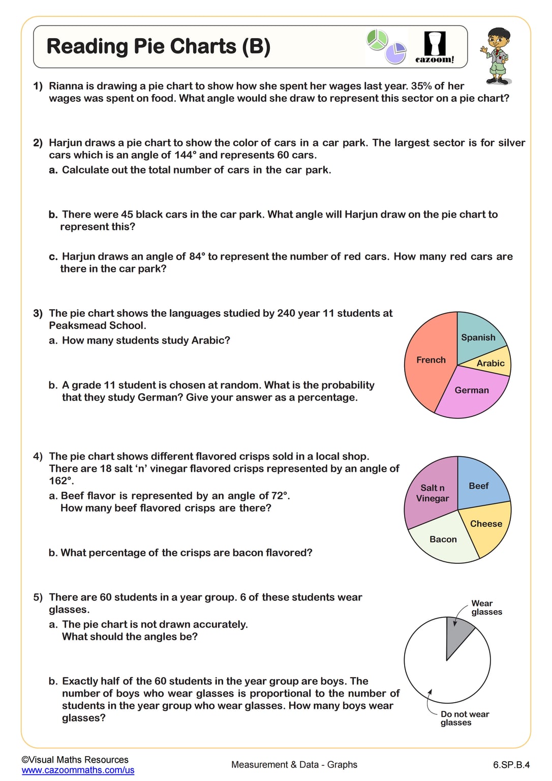Reading Pie Charts (B) Worksheet | PDF Printable Measurement & Data ...