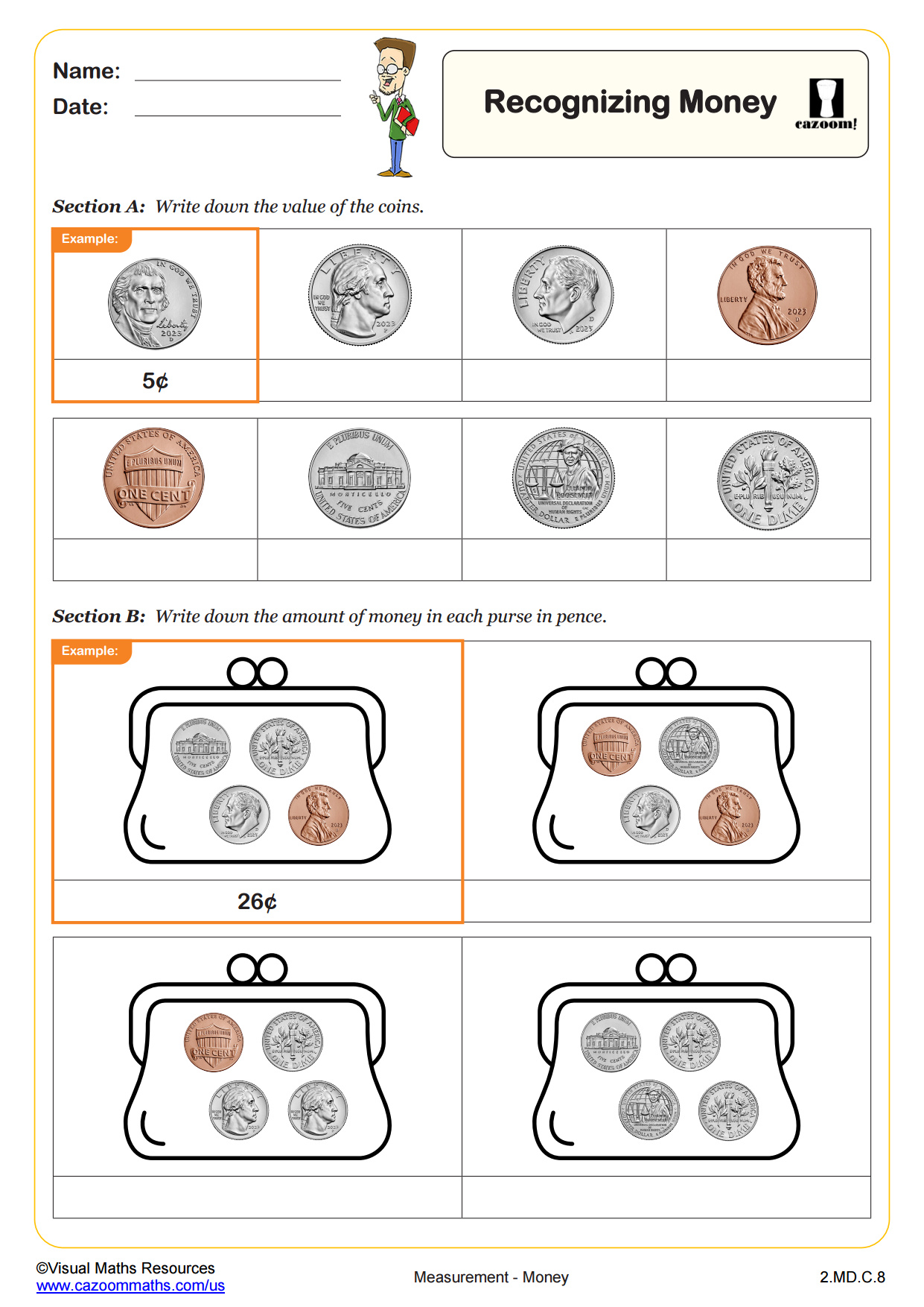Recognising Money (A) | PDF printable Measurement and Data Worksheets