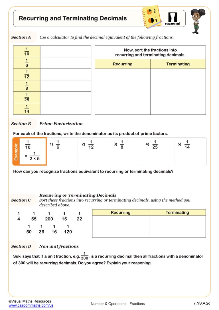 Recurring and Terminating Decimals Worksheet | PDF Printable Number ...
