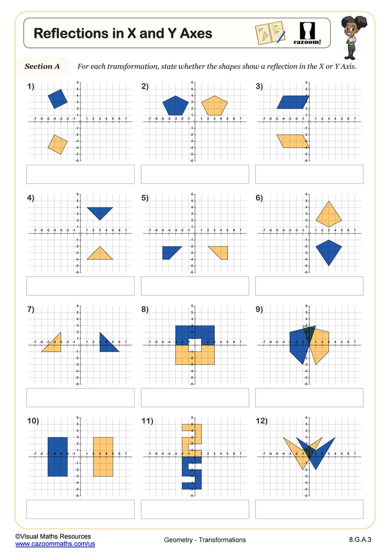 Reflection in X and Y Axes | Fun and Engaging 8th Grade PDF Worksheets