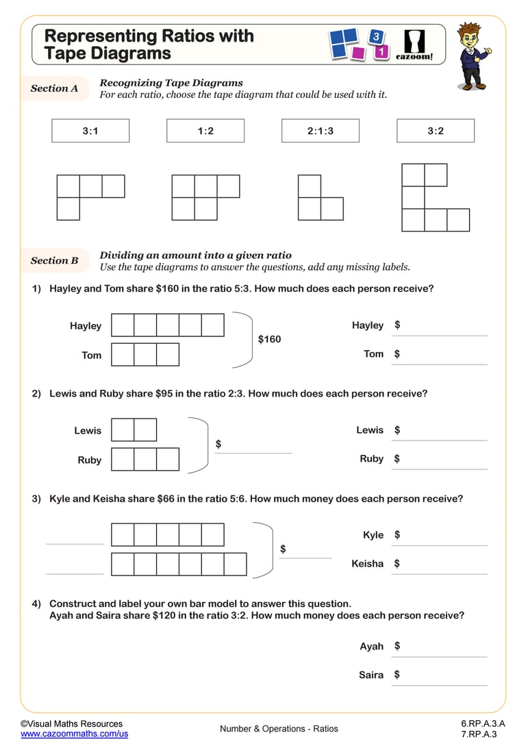 Representing Ratios with Tape Diagrams Worksheet | PDF Printable Number ...