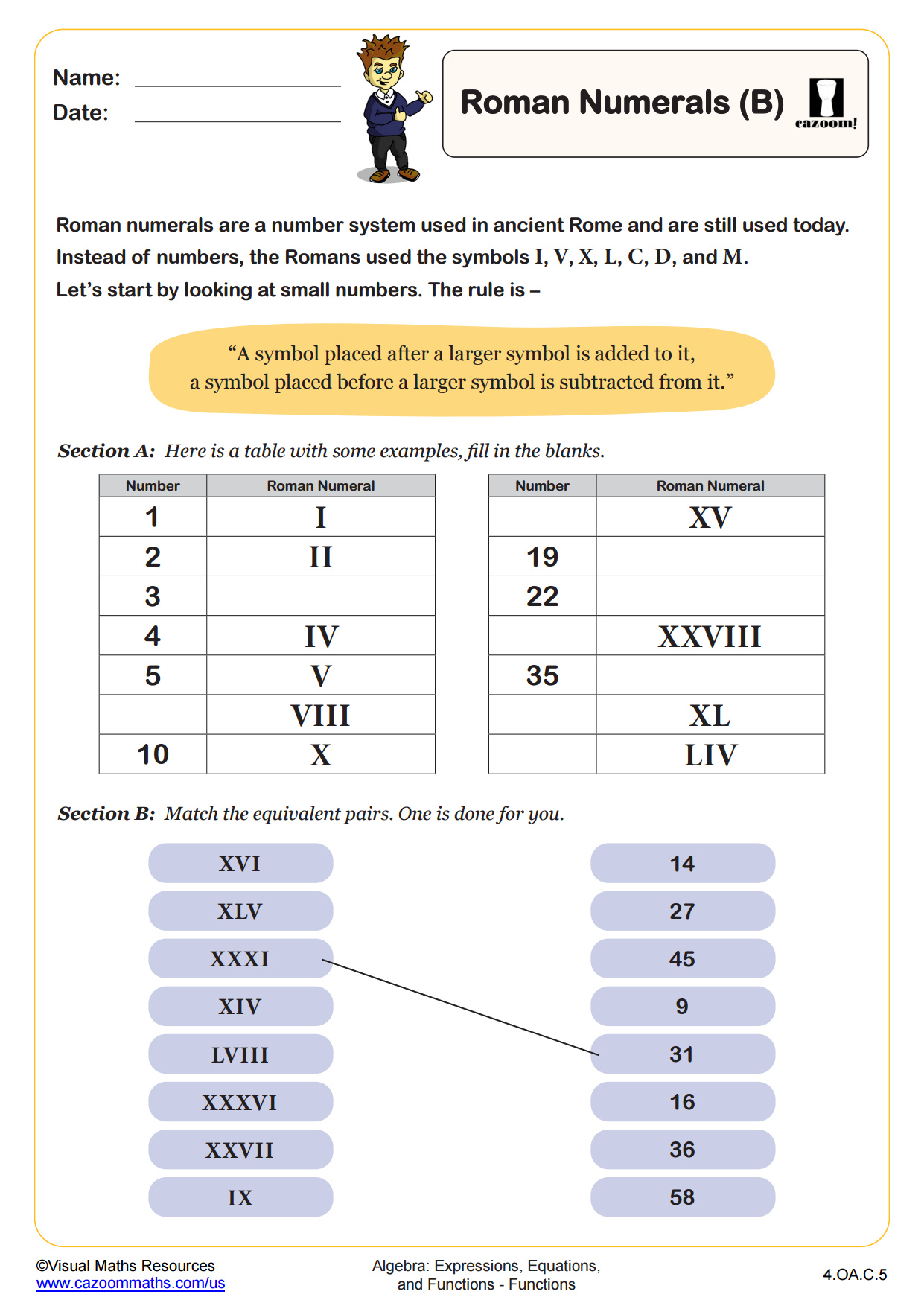 Roman Numerals (D) Worksheet | PDF Printable Algebra Worksheets ...