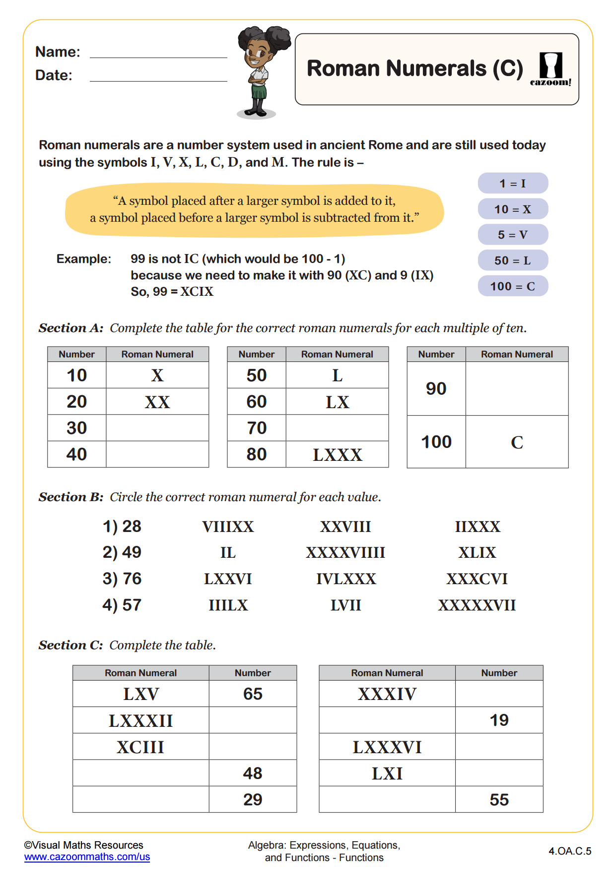 Roman Numerals (A) | PDF printable Measurement and Data Worksheets ...