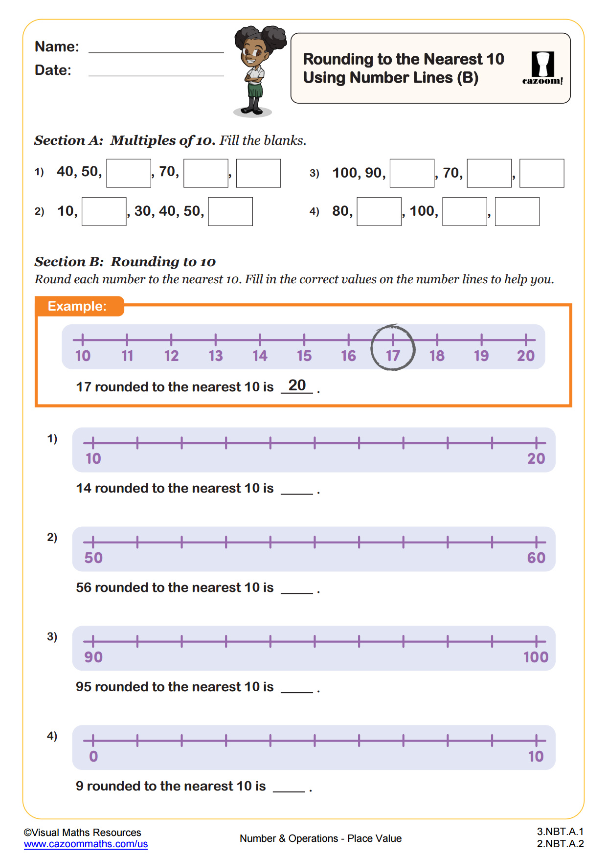 Rounding Numbers to the Nearest 10 Using Number Lines (B) | PDF ...