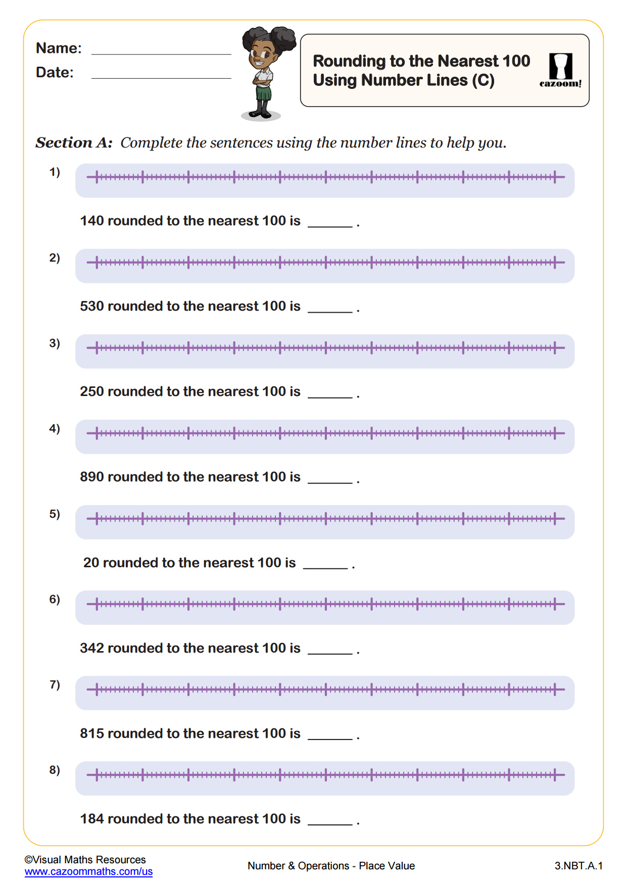Rounding Numbers to the Nearest 100 Using Number Lines (A) | 3rd Grade ...