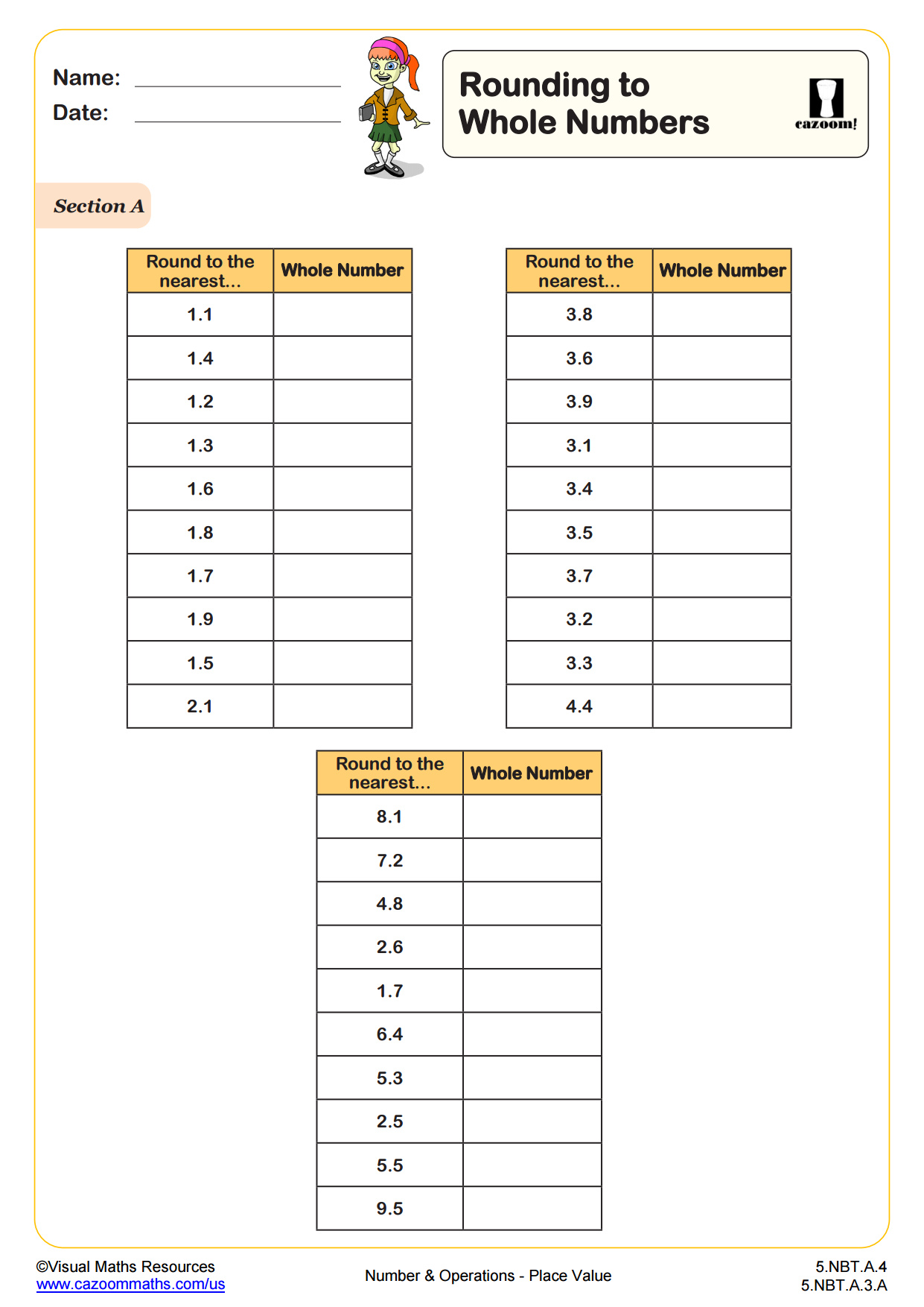 Rounding to Whole Numbers | PDF printable Number and Operations ...