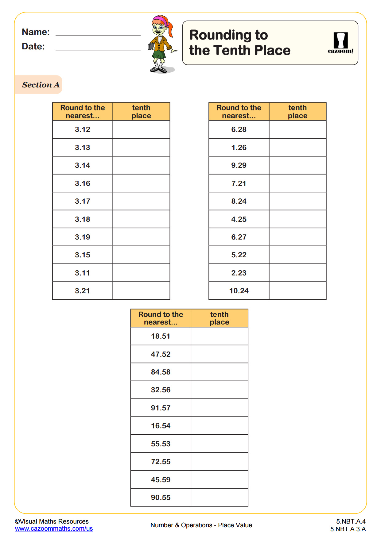 Rounding to the Tenth's Place | 5th Grade PDF Number and Operations Worksheets