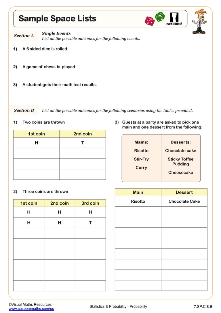 Sample Space Tree Diagrams Worksheet | Fun and Engaging 7th Grade PDF ...