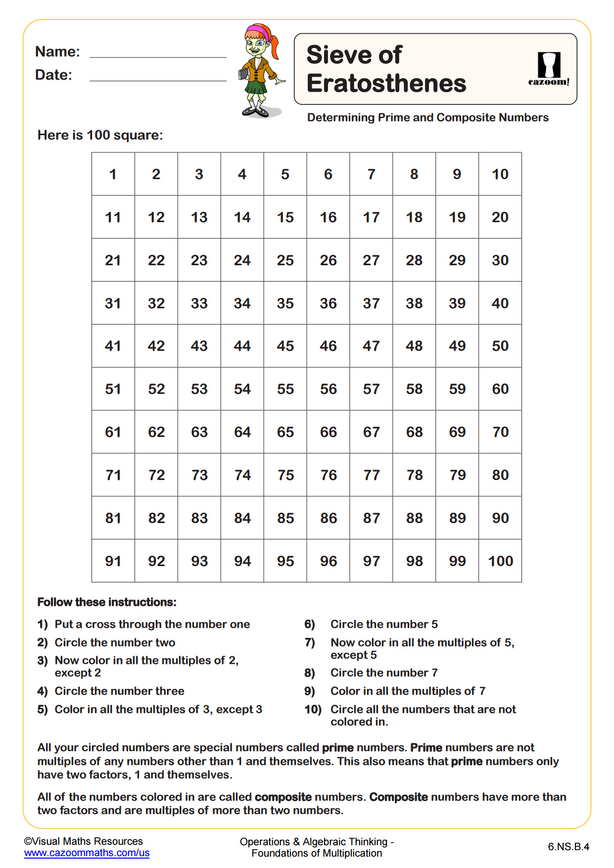 Sieve of Eratosthenes | 6th Grade PDF Operations and Algebraic Thinking ...