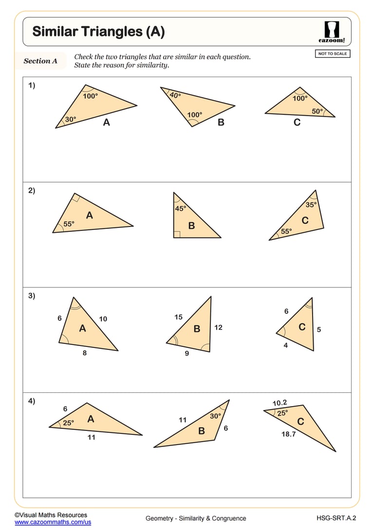 Similar Triangles (A) Worksheet | PDF Printable Geometry Worksheet