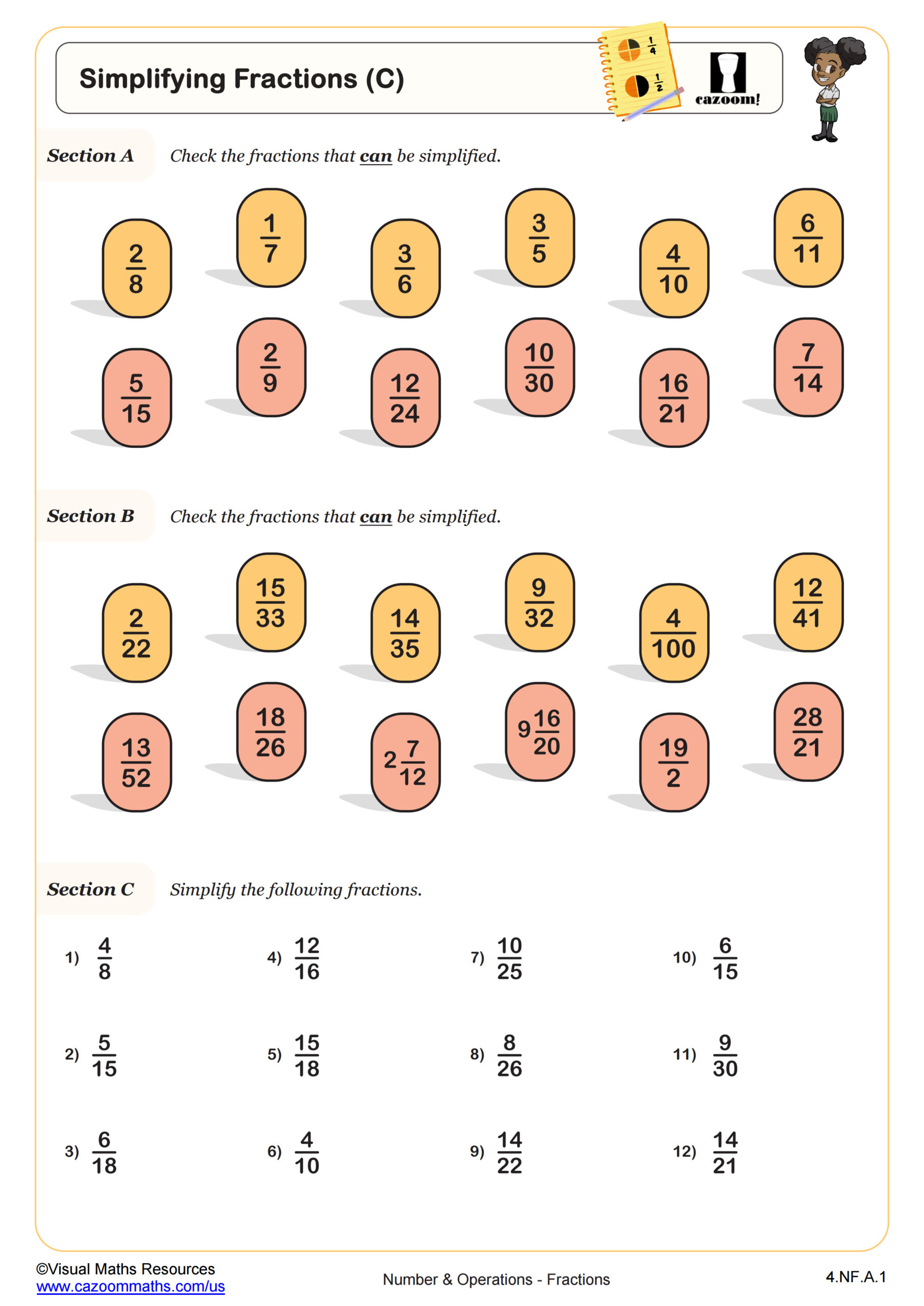 Simplifying Fractions (B) Example | FREE Teaching Resources | Cazoom Math