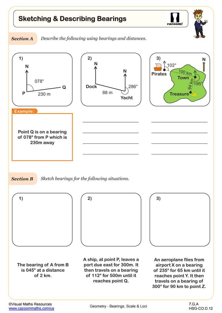 Sketching and Describing Bearings Worksheet | 7th Grade PDF Worksheets